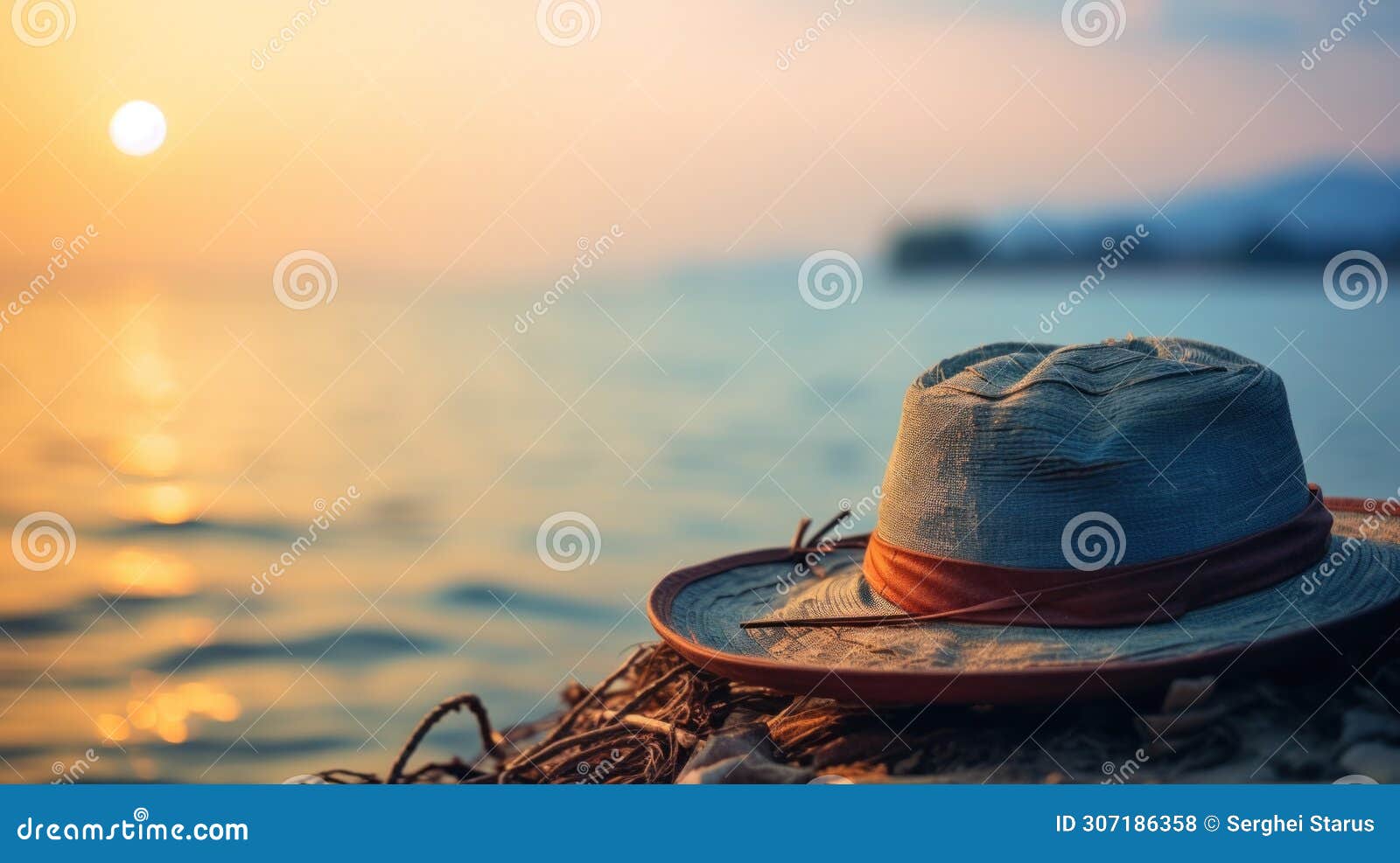A Hat on a Stick by the Water at Sunset, AI Stock Photo - Image of ...