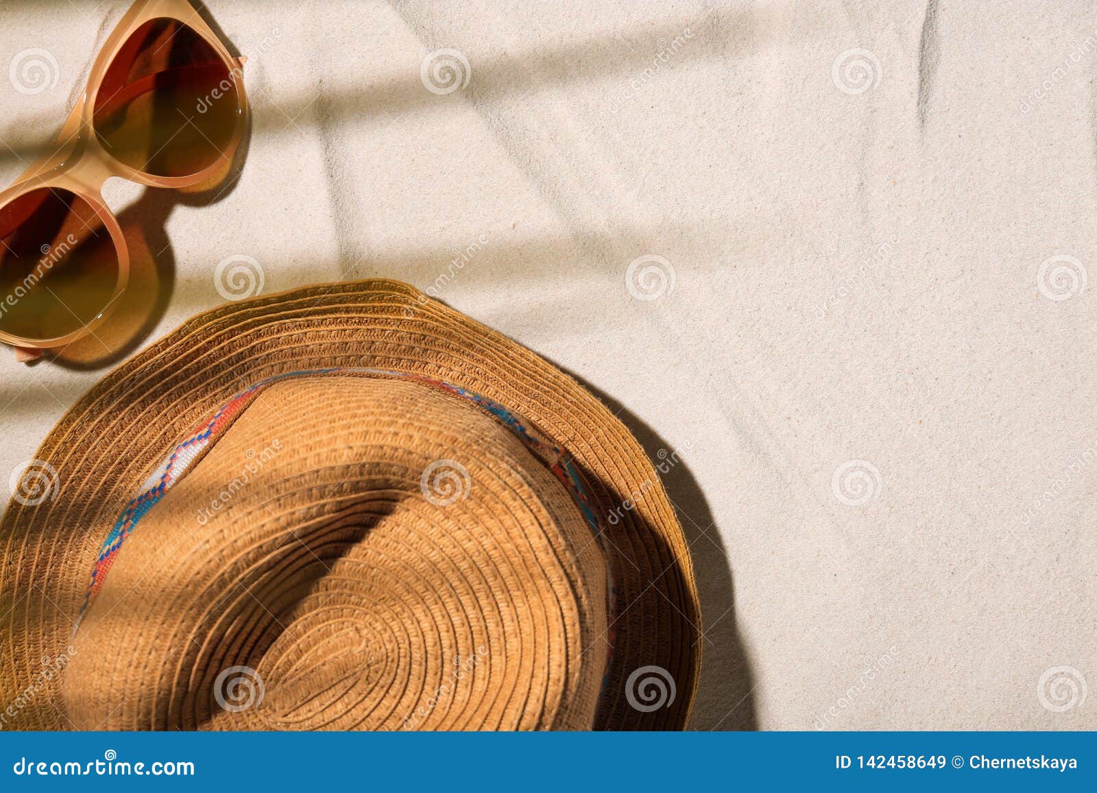 Hat and Sunglasses on Beach Sand, Top View Stock Image - Image of beach ...
