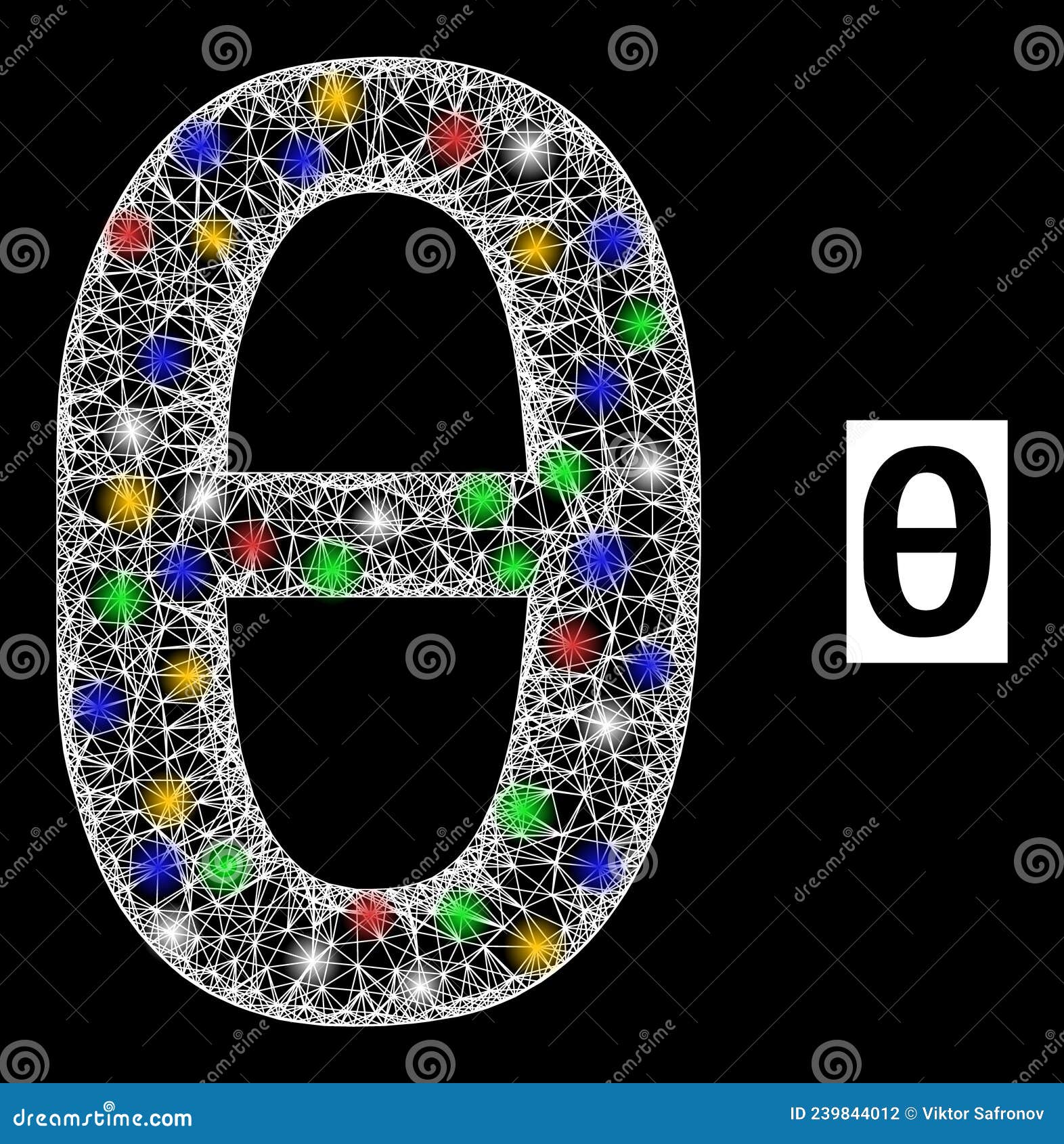 Hatched Web Mesh Theta Greek Lowercase Symbol Icon with Colorful Light ...