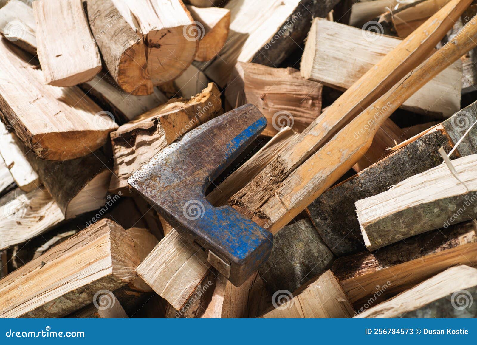 Hatchet Ax and Pile of Split Wood Logs for Fire Stock Image - Image of ...