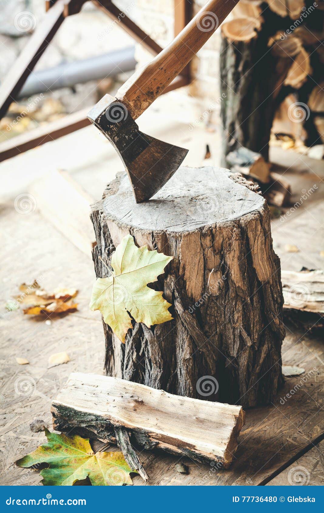 Hatchet Sticking in Stump, Lying Close To Half Log Stock Photo - Image ...