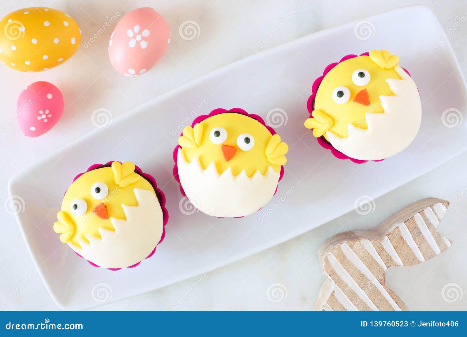 Hatching Spring Chick Cupcakes on a Plate, Top View Against a ...