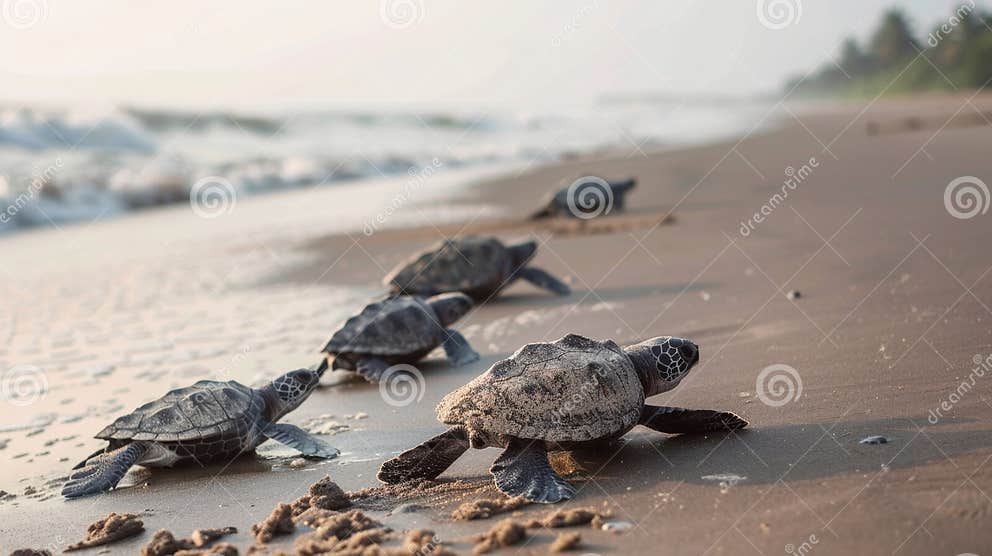 Baby Sea Turtles Scampering Towards Ocean at Sunrise Stock Photo ... Baby Sea Turtles Scampering Towards Ocean at Sunrise Stock Photo ...
