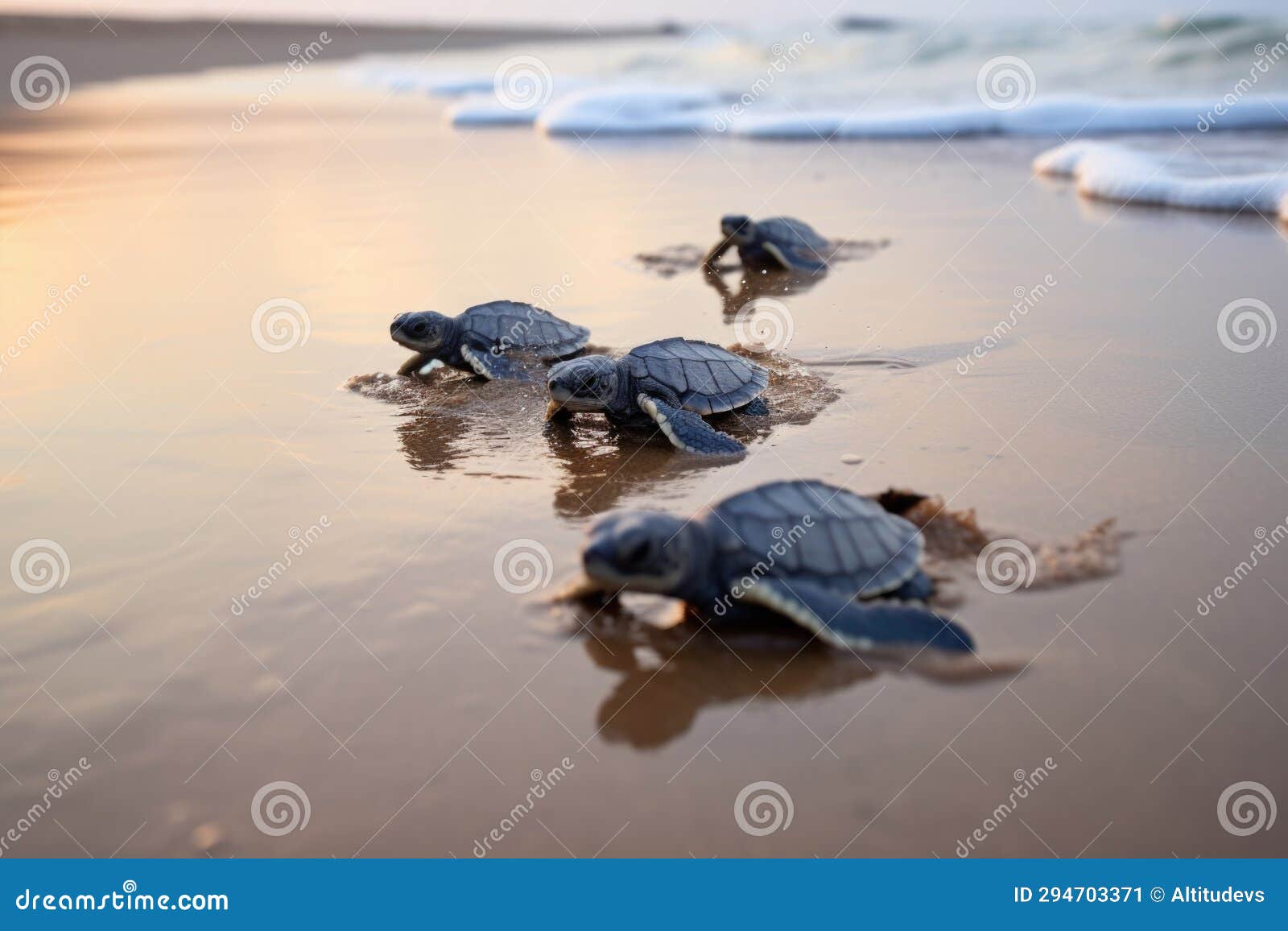 Hatchling Turtles Crawling Towards Ocean Waves Stock Image - Image of ...