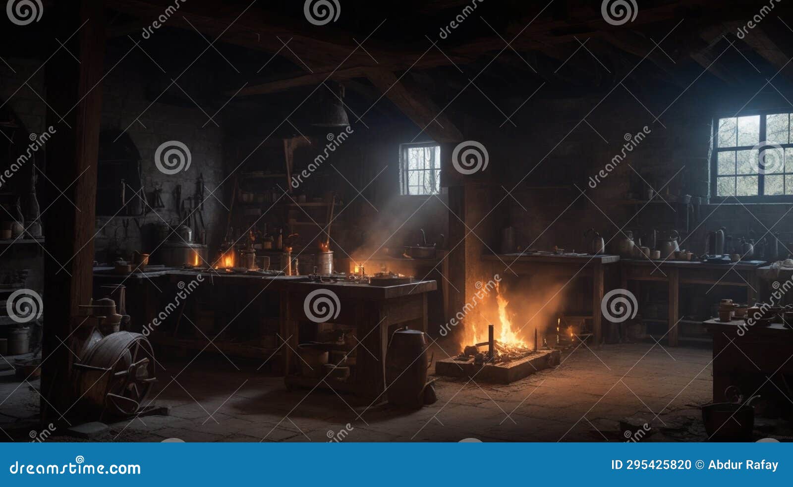 A Haunted Blacksmith Shop with Ghostly Apparitions Stock Illustration - Illustration of night ...