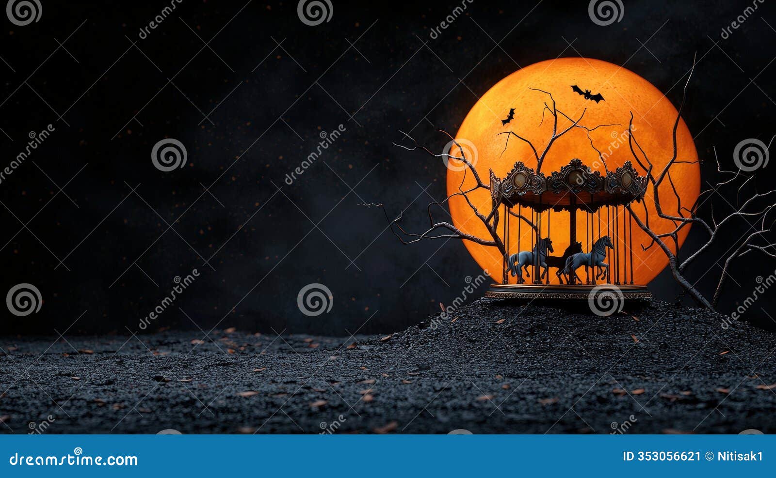 Haunted Carousel Under a Full Moon with Bats and Eerie Atmosphere Stock ...