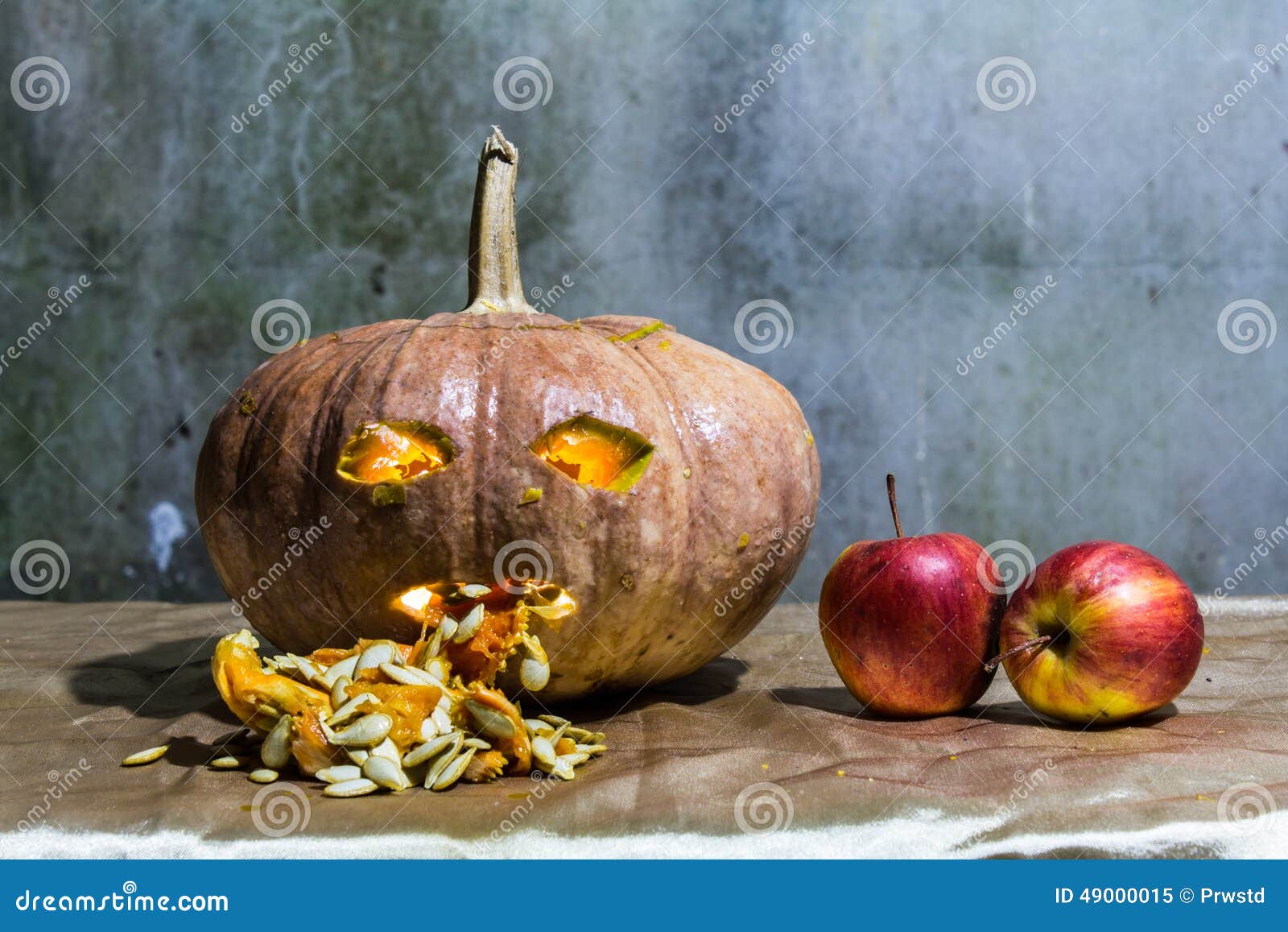 Haunted Carved Pumpkins for Halloween with Apple Stock Image - Image of ...