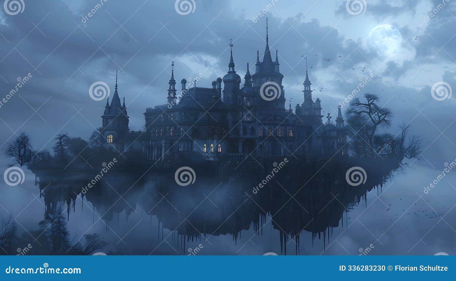 Haunted Castle on Floating Island Stock Illustration - Illustration of ...