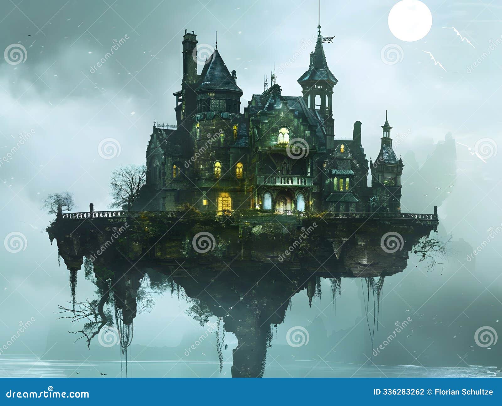 Haunted Castle on Floating Island Stock Illustration - Illustration of ...