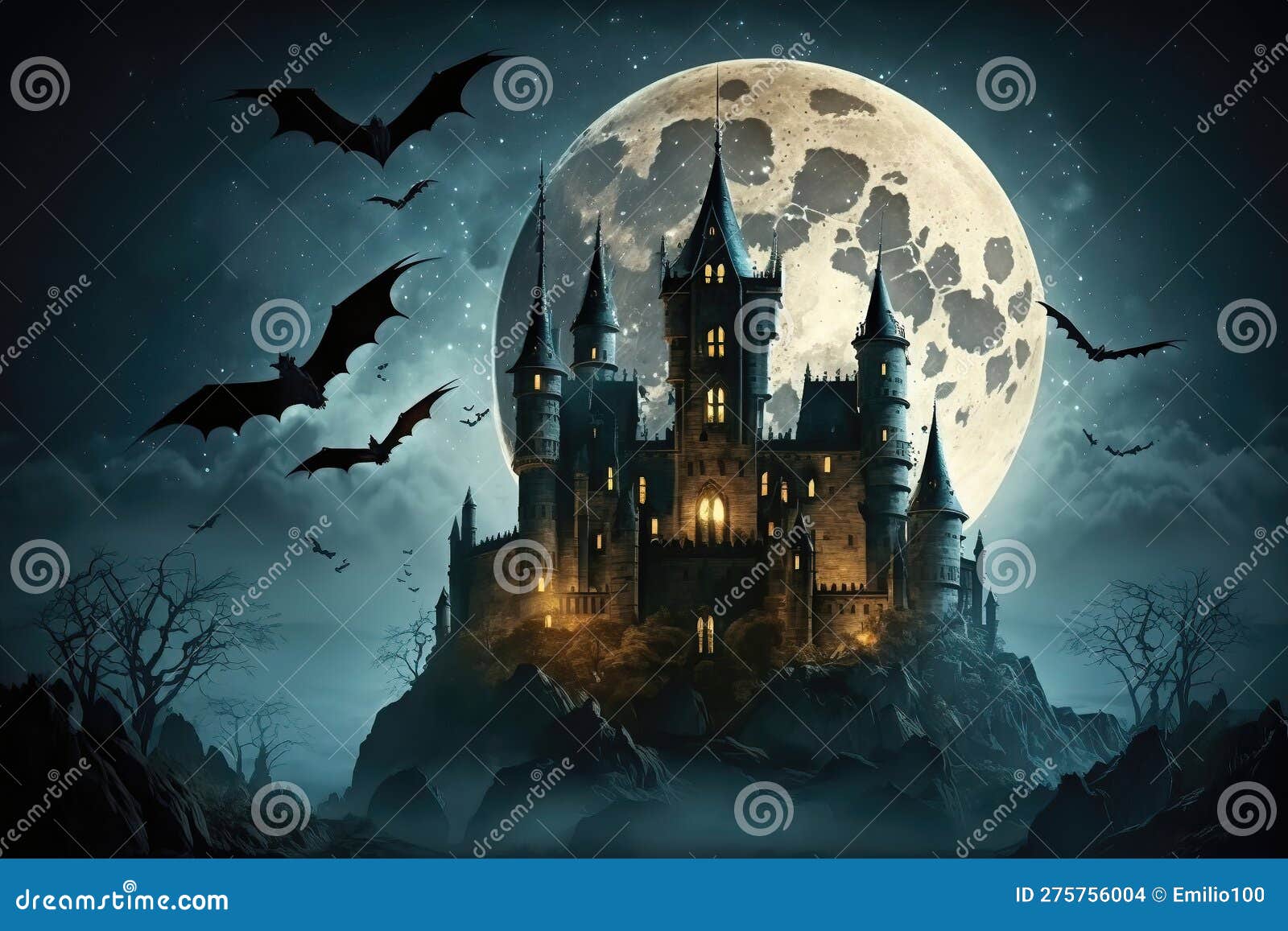 Haunted Castle at Night with Full Moon, Illustration Generated by AI ...