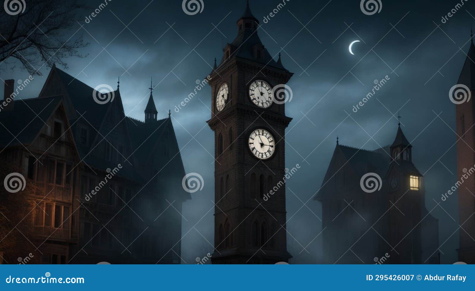 A Haunted Clock Tower Striking Midnight in a Ghost Town Stock ...
