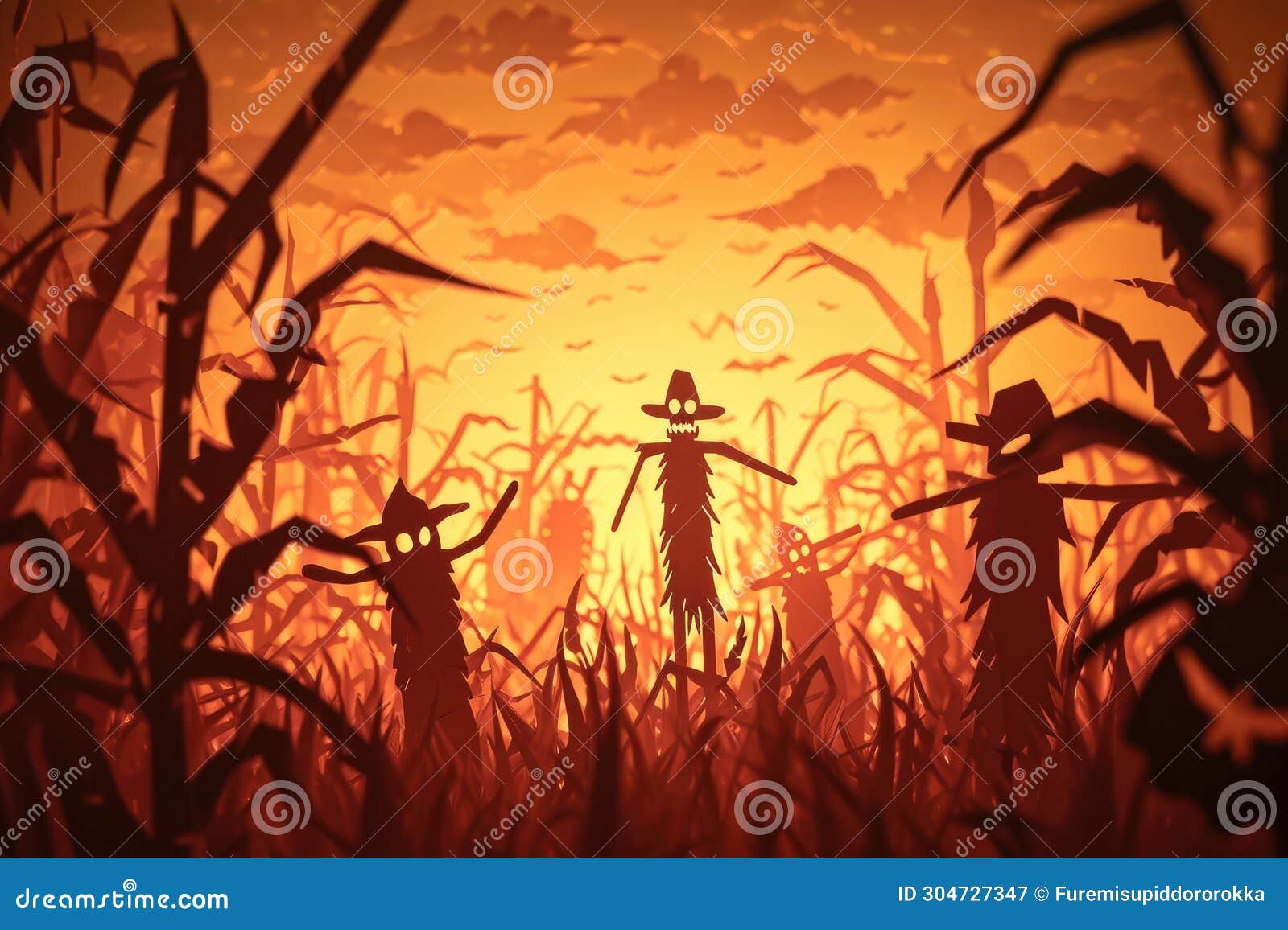 A Haunted Cornfield with Scarecrows and Eerie Lighting, Creating a ...