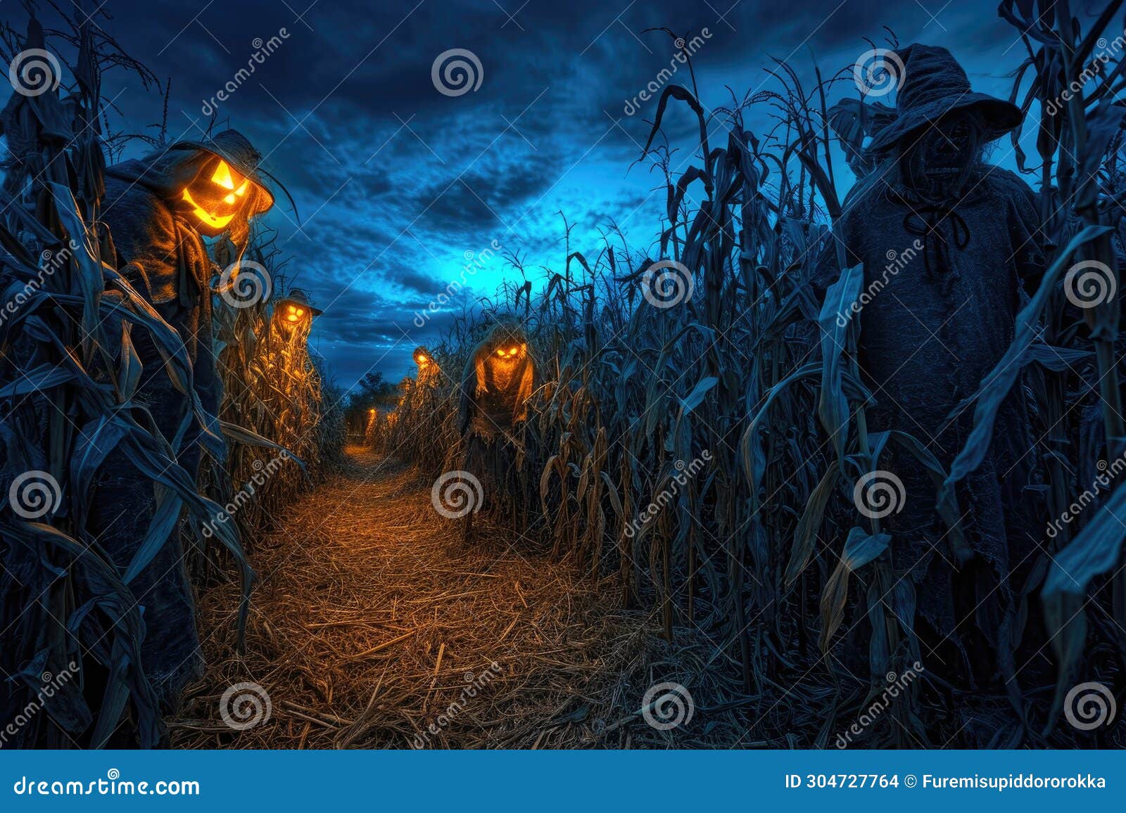 A Haunted Cornfield with Scarecrows and Eerie Lighting, Creating a ...