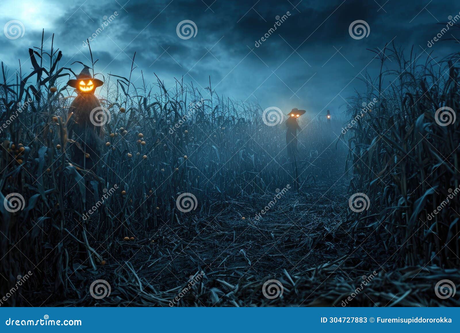 A Haunted Cornfield with Scarecrows and Eerie Lighting, Creating a ...