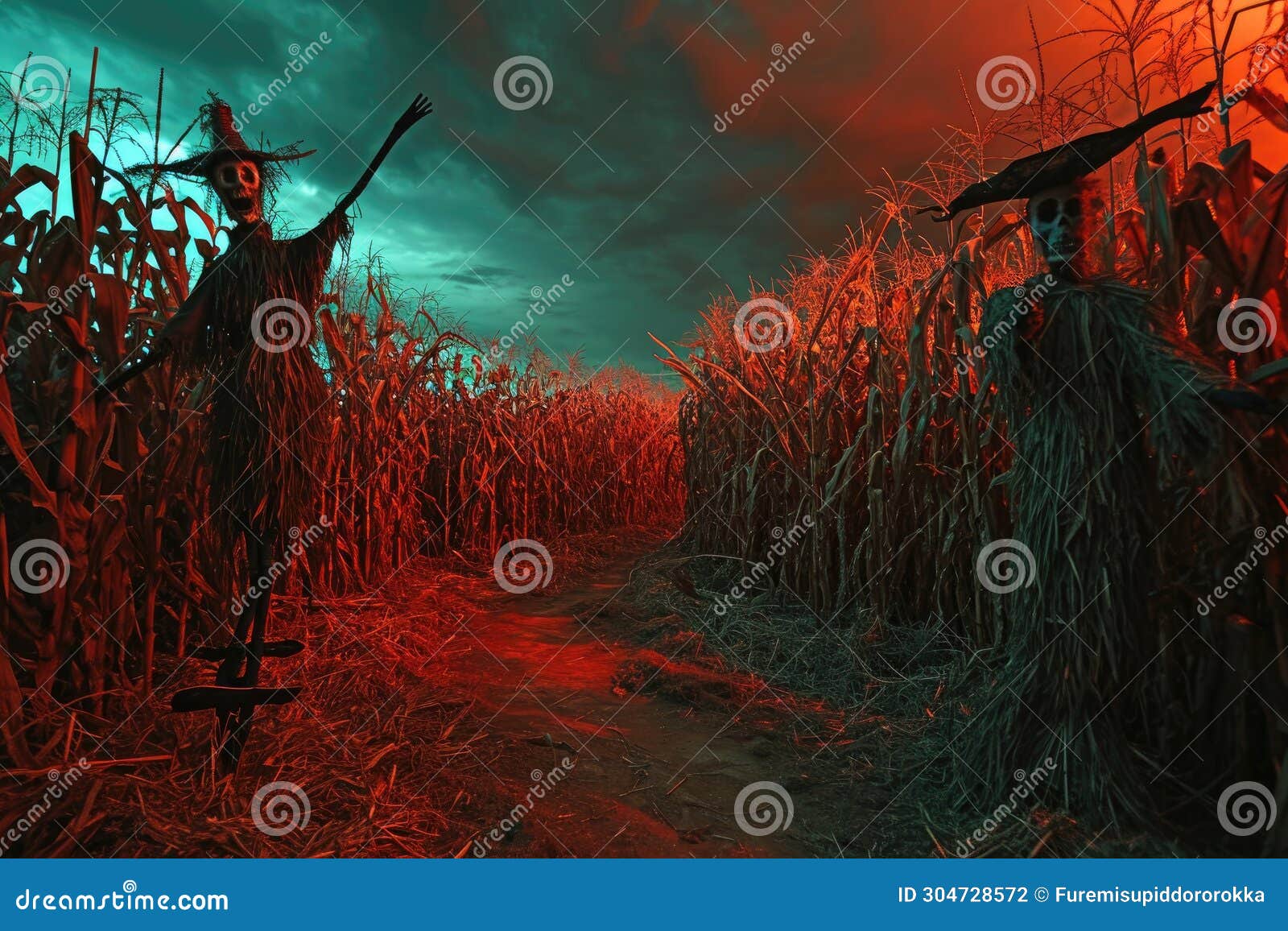 A Haunted Cornfield with Scarecrows and Eerie Lighting, Creating a ...