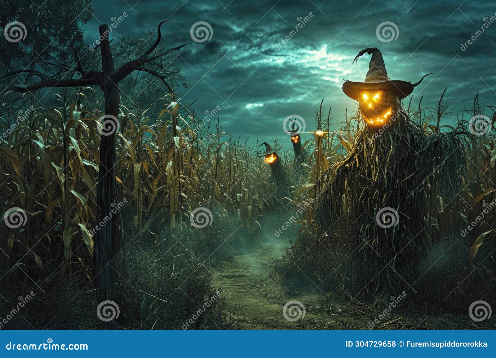 A Haunted Cornfield with Scarecrows and Eerie Lighting, Creating a ...