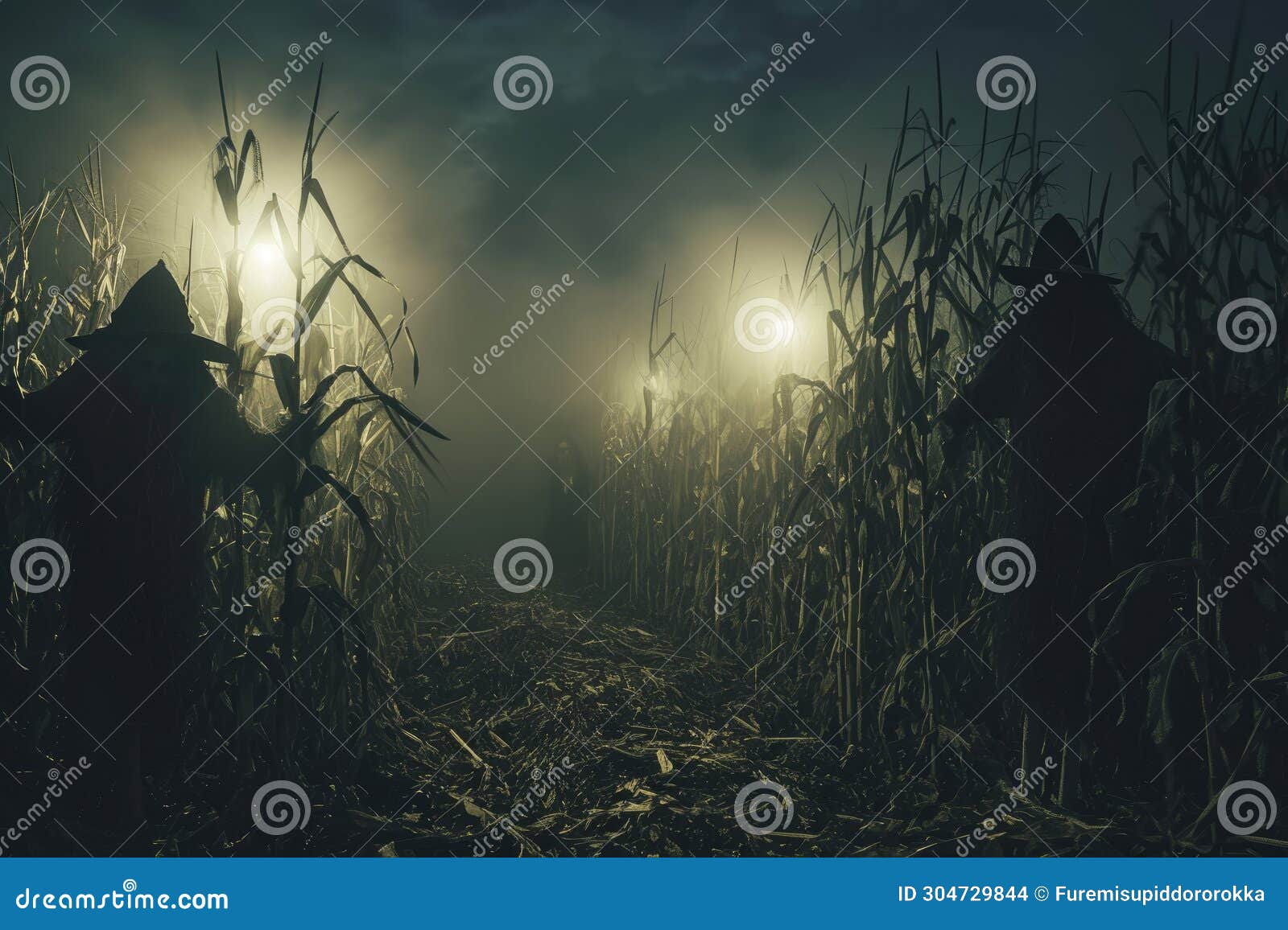 A Haunted Cornfield with Scarecrows and Eerie Lighting, Creating a ...