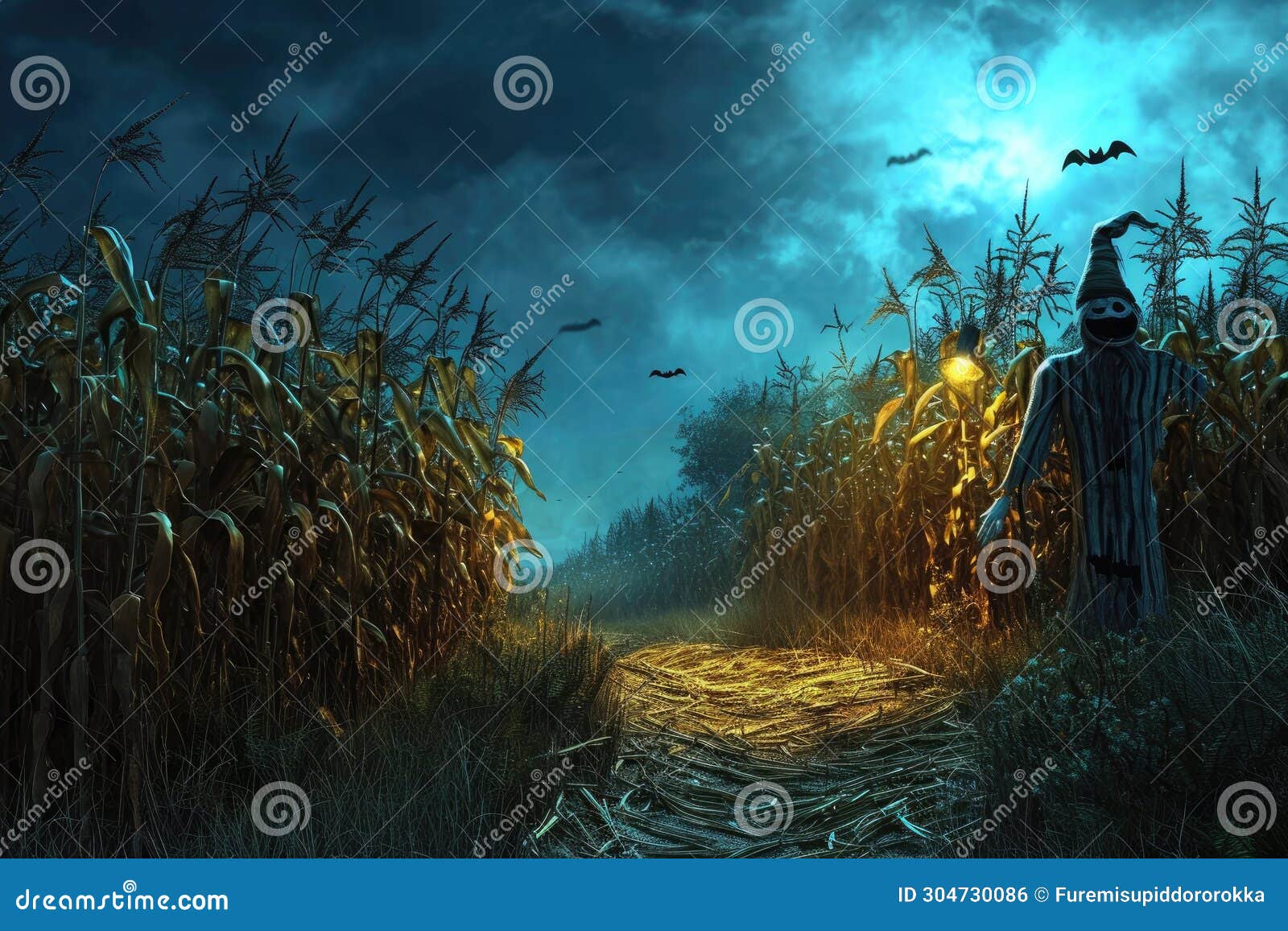 A Haunted Cornfield with Scarecrows and Eerie Lighting, Creating a ...