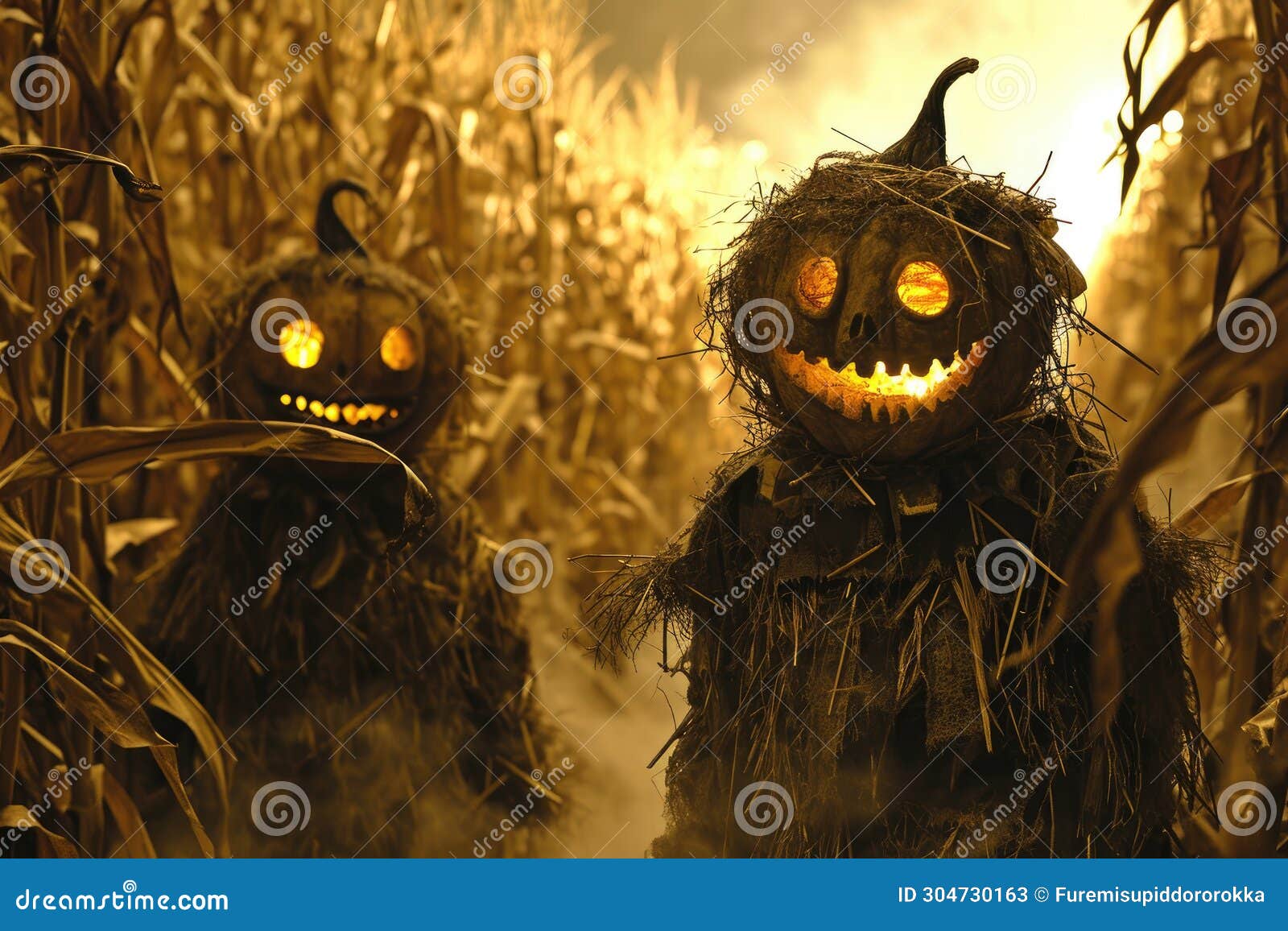 A Haunted Cornfield with Scarecrows and Eerie Lighting, Creating a ...