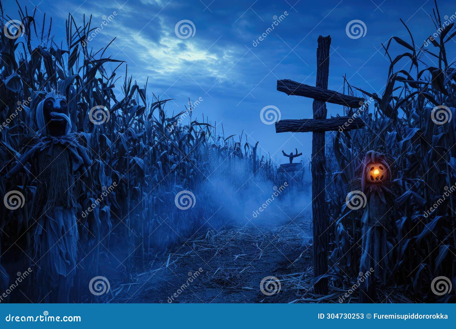 A Haunted Cornfield with Scarecrows and Eerie Lighting, Creating a ...