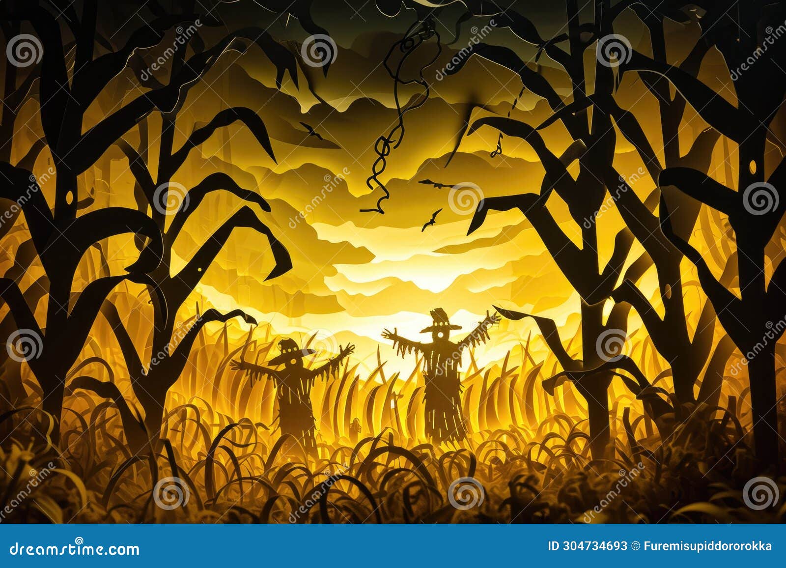 A Haunted Cornfield with Scarecrows and Eerie Lighting, Creating a ...