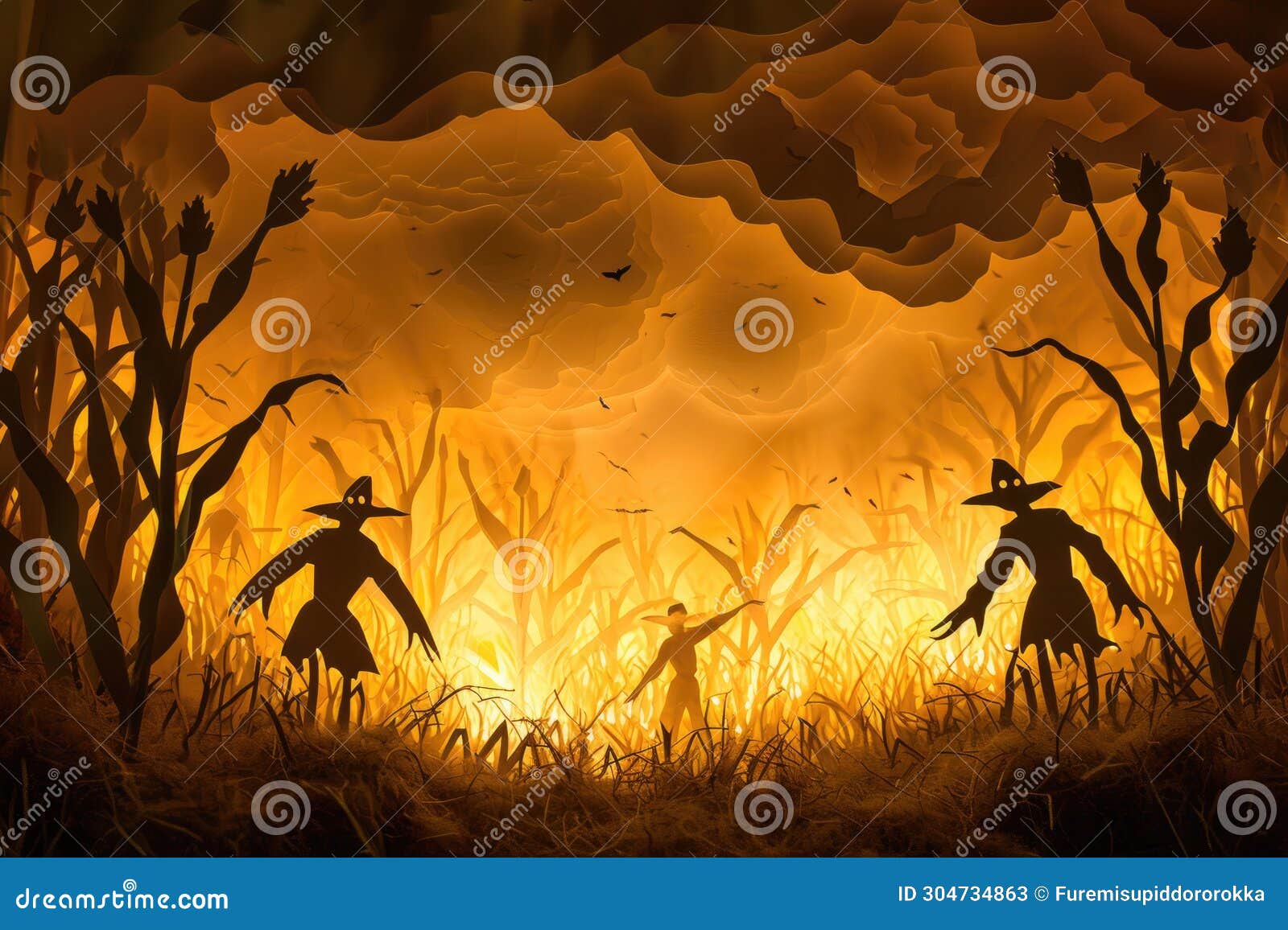 A Haunted Cornfield with Scarecrows and Eerie Lighting, Creating a ...