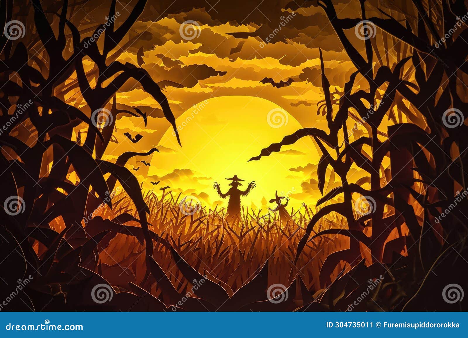 A Haunted Cornfield with Scarecrows and Eerie Lighting, Creating a ...