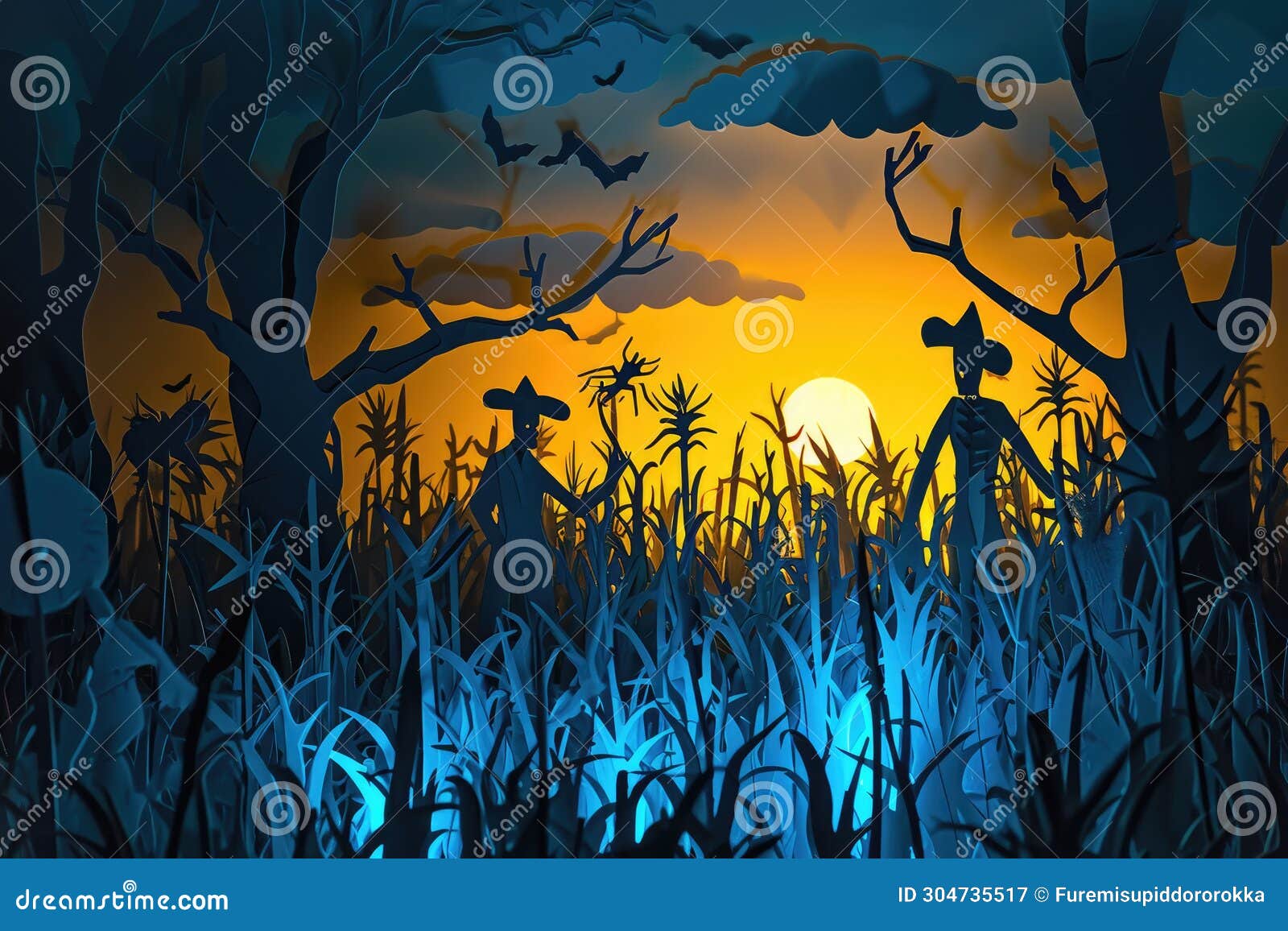 A Haunted Cornfield with Scarecrows and Eerie Lighting, Creating a ...
