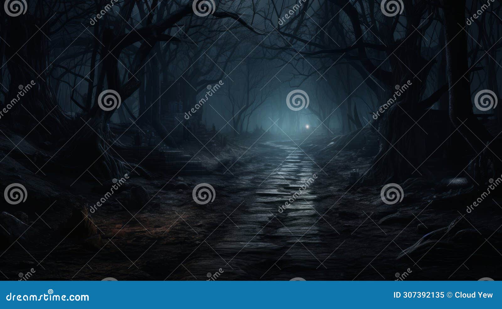 A Haunted Forest Path with Ominous, Ghostly Lights Stock Illustration ...
