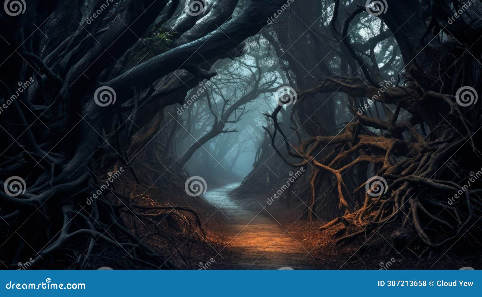 A Haunted Forest Path with Twisted Trees Stock Illustration ...