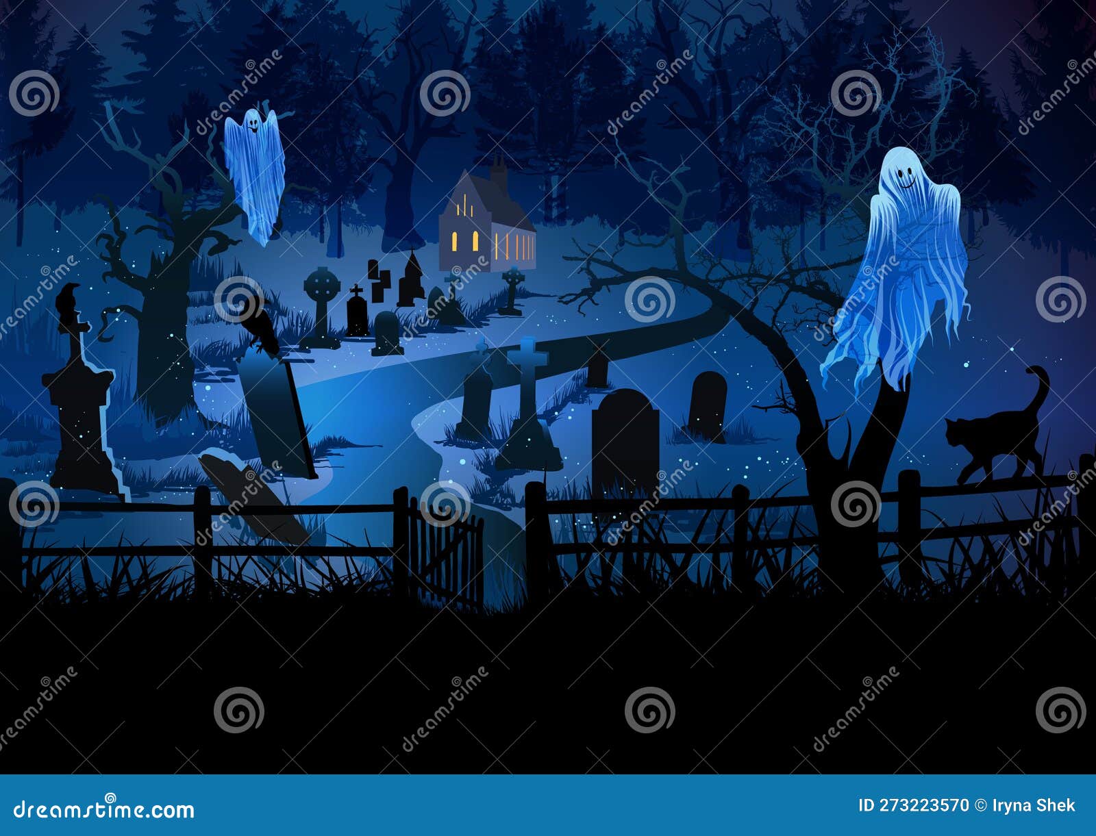 Haunted Graveyard in Forest with Ghosts, Halloween Stock Vector ...