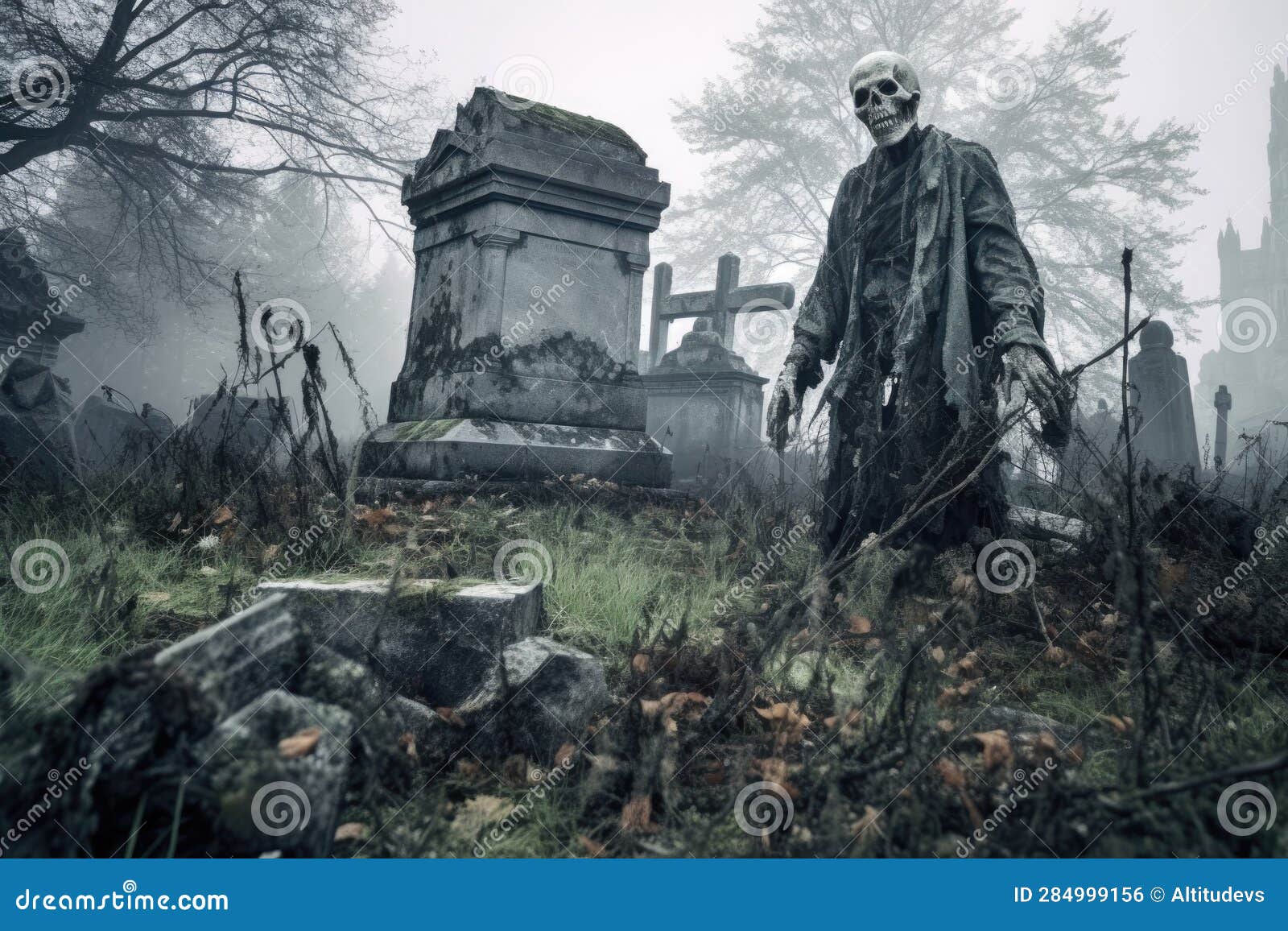 Haunted Graveyard with a Zombie Emerging from the Ground Stock ...
