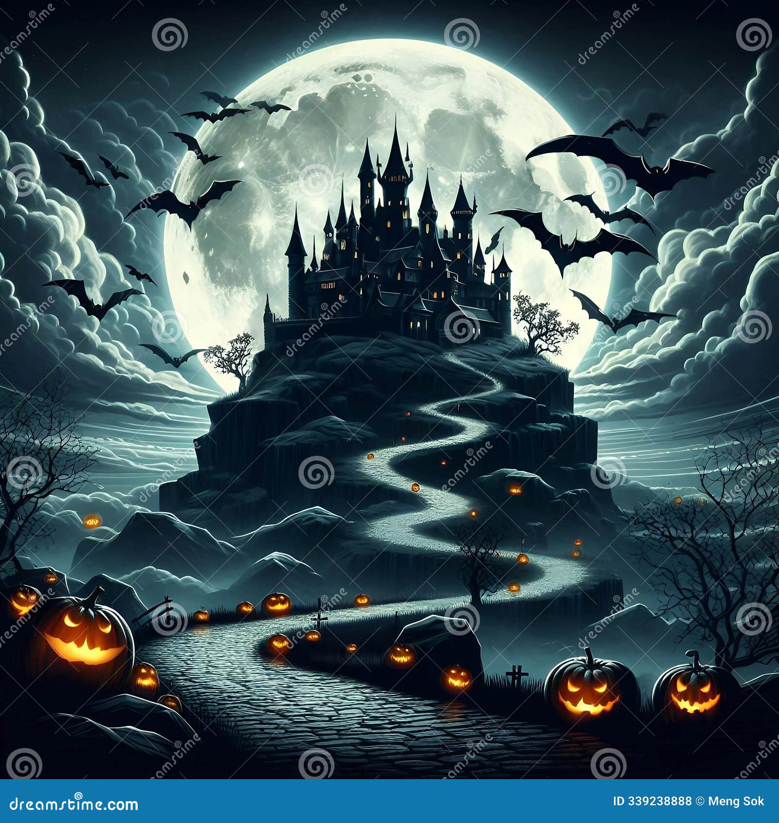 Haunted Halloween Castle with Moonlit Path and Bats Stock Illustration ...
