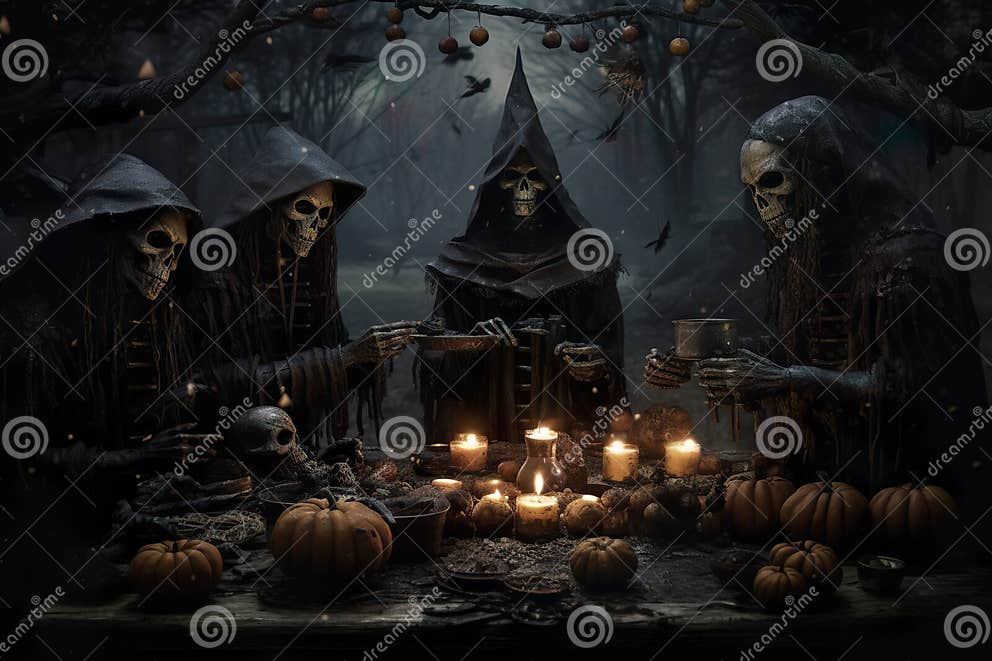 Haunted Halloween: Sinister Characters and Objects Stock Illustration ...
