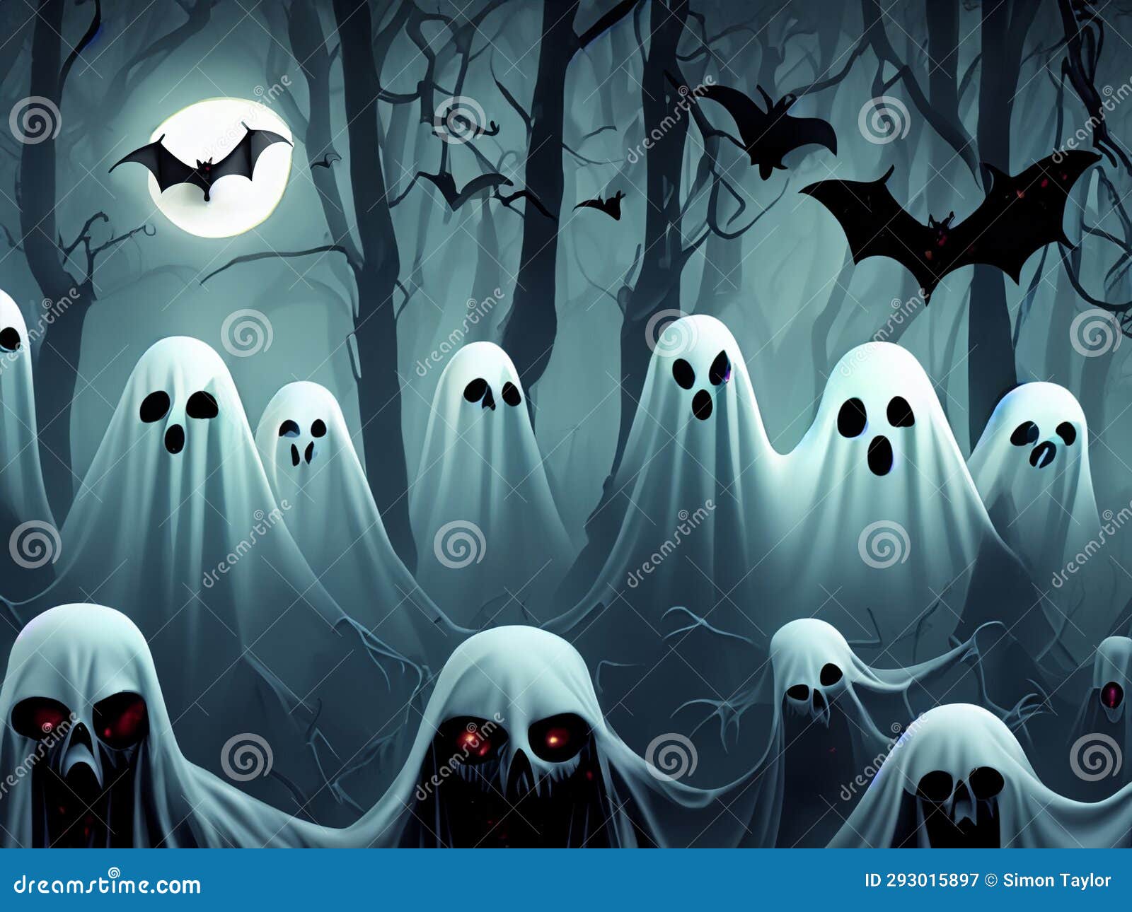 Haunted Halloween Woods Full of Ghosts, Bats and Ghouls Stock ...