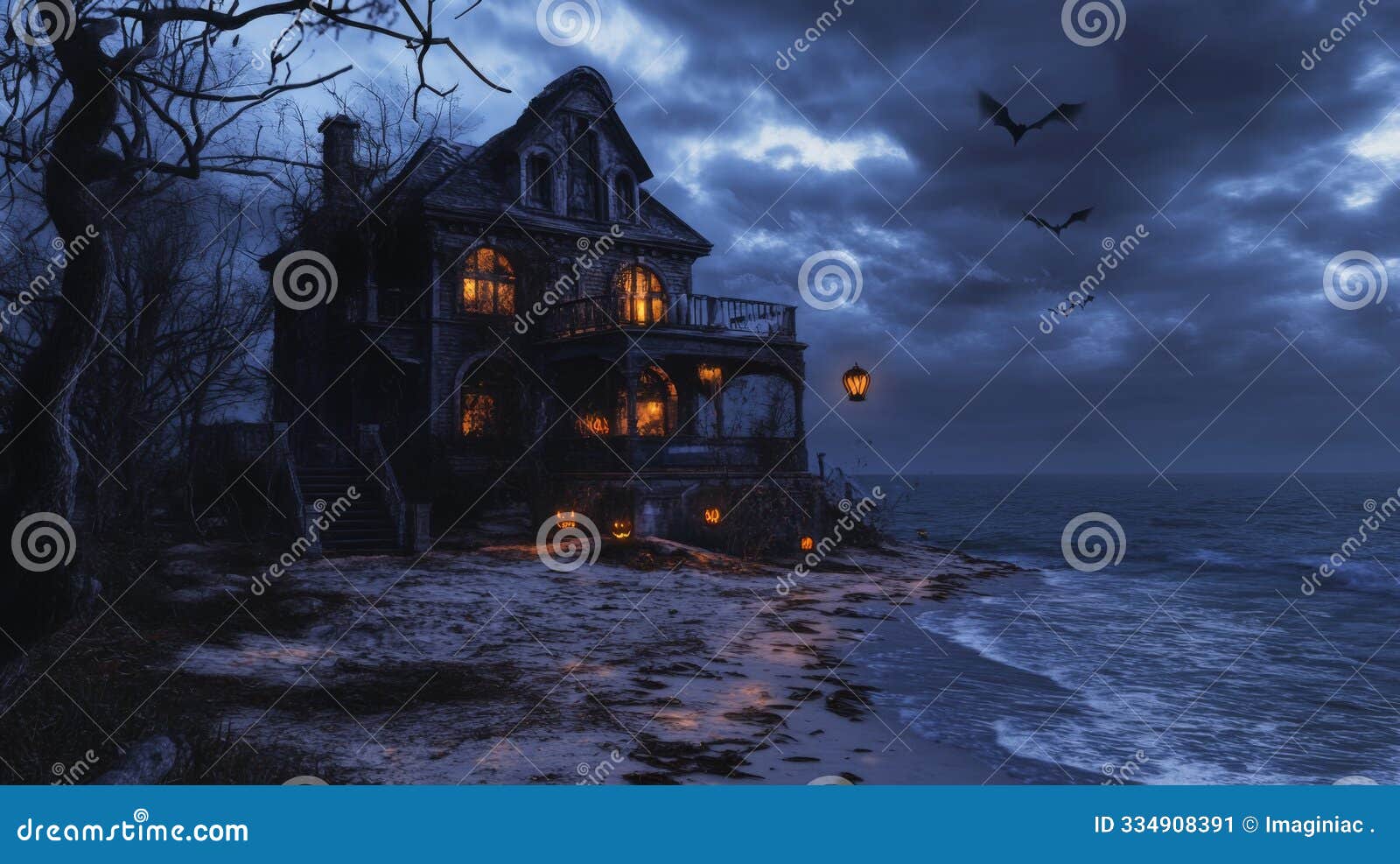 A Haunted House on the Beach at Night Stock Illustration - Illustration ...