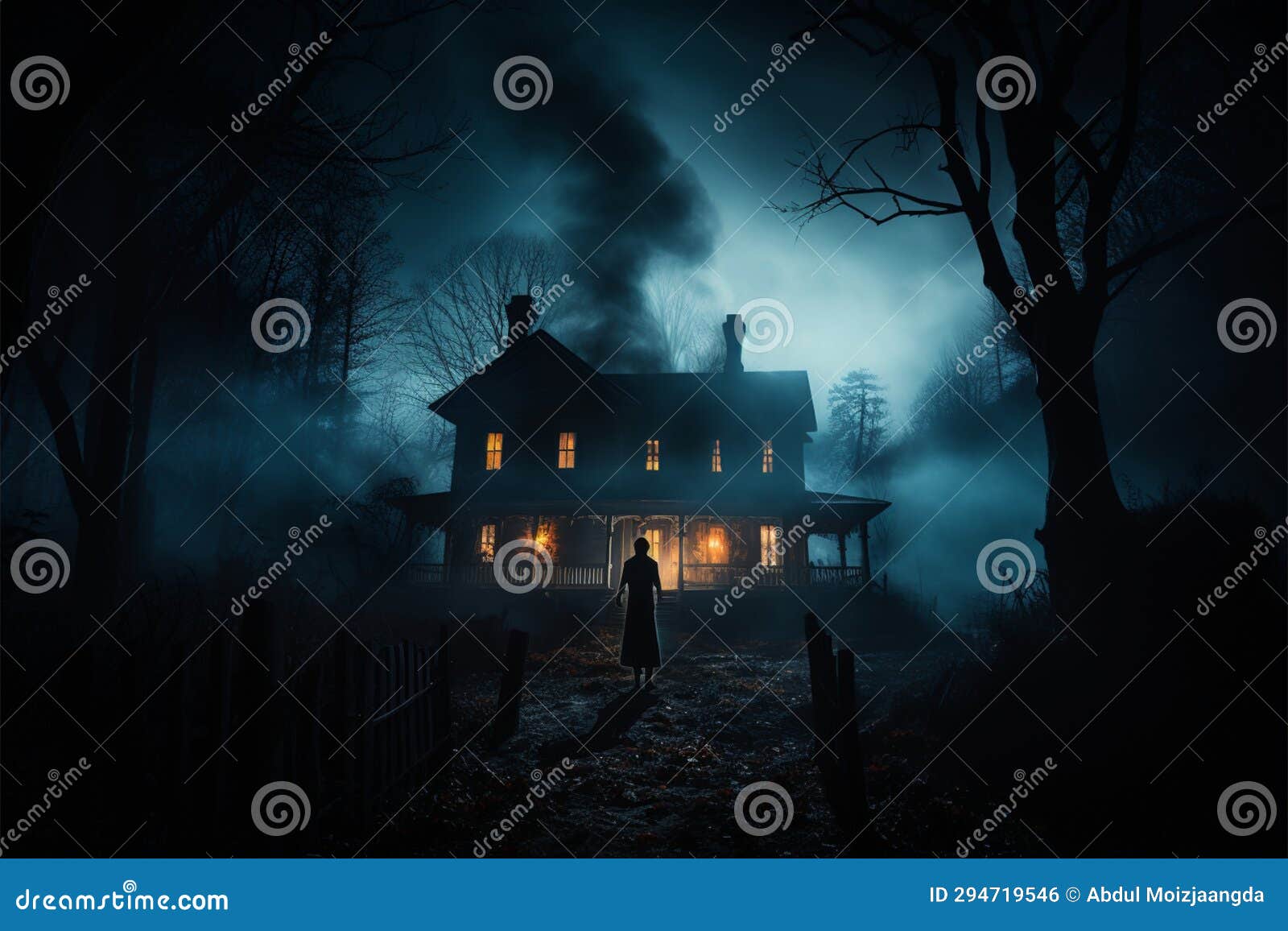 Haunted House, Eerie Glow from Windows, Lurking Ghost in Shadows Stock ...