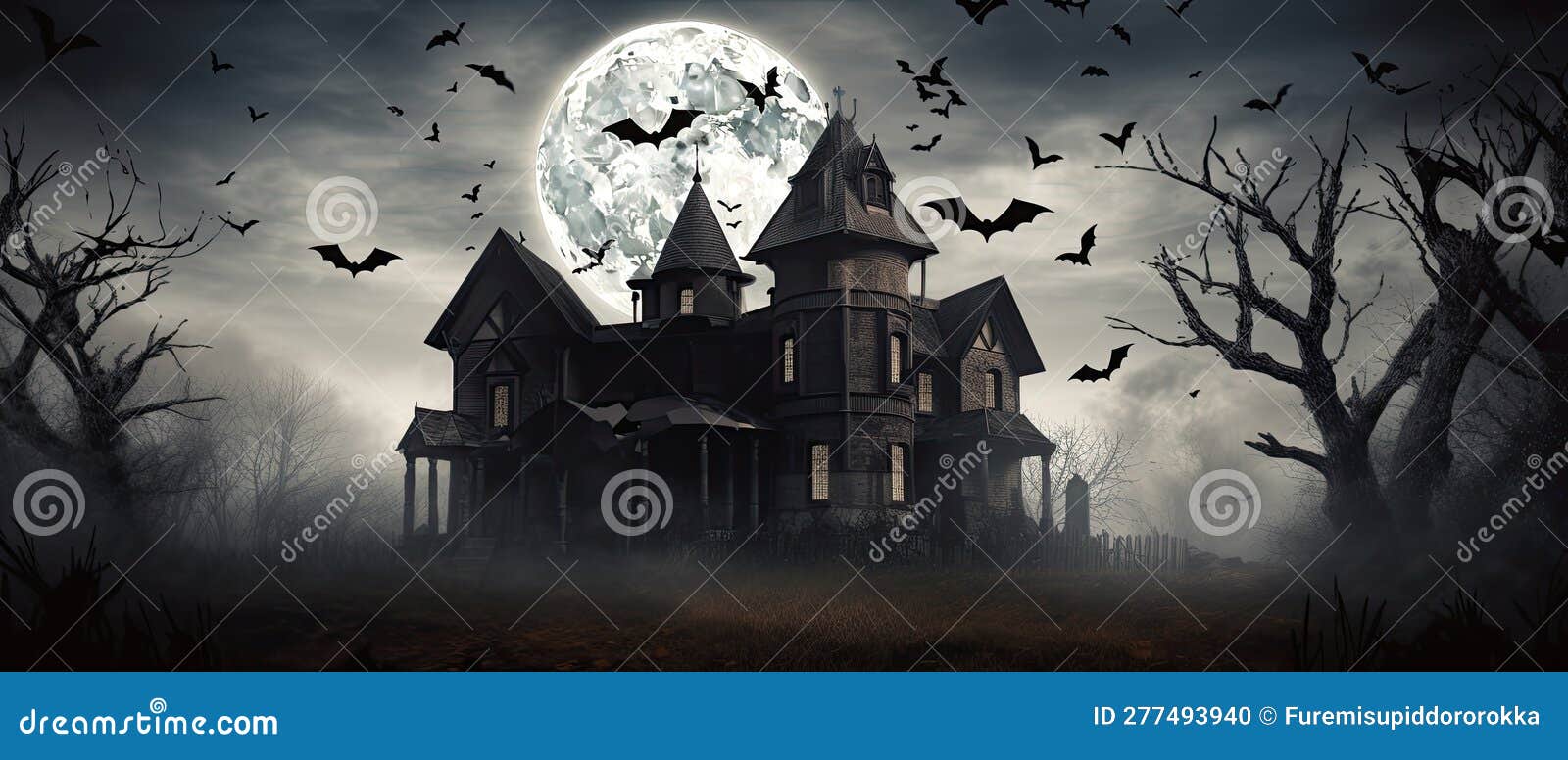 Haunted House with Ghosts and Bats Flying Around it Halloween Scene ...