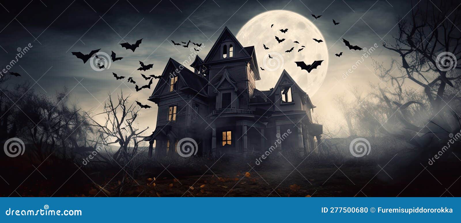 Haunted House with Ghosts and Bats Flying Around it Halloween Scene ...