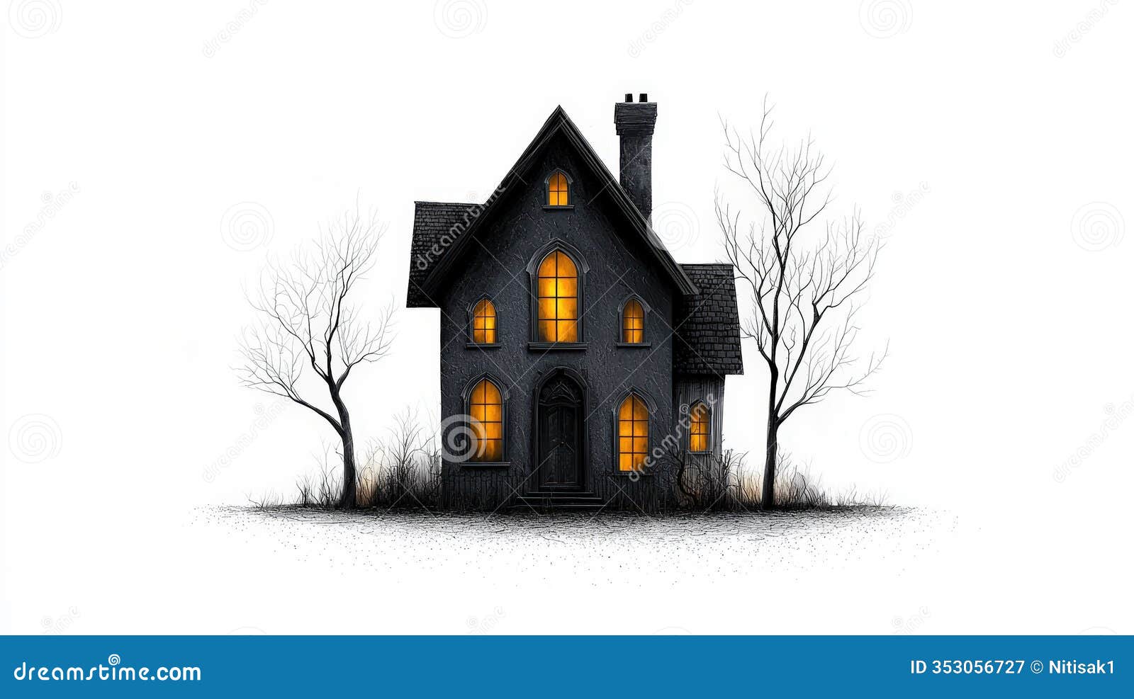 Haunted House Illustration with Eerie Atmosphere and Glowing Windows ...