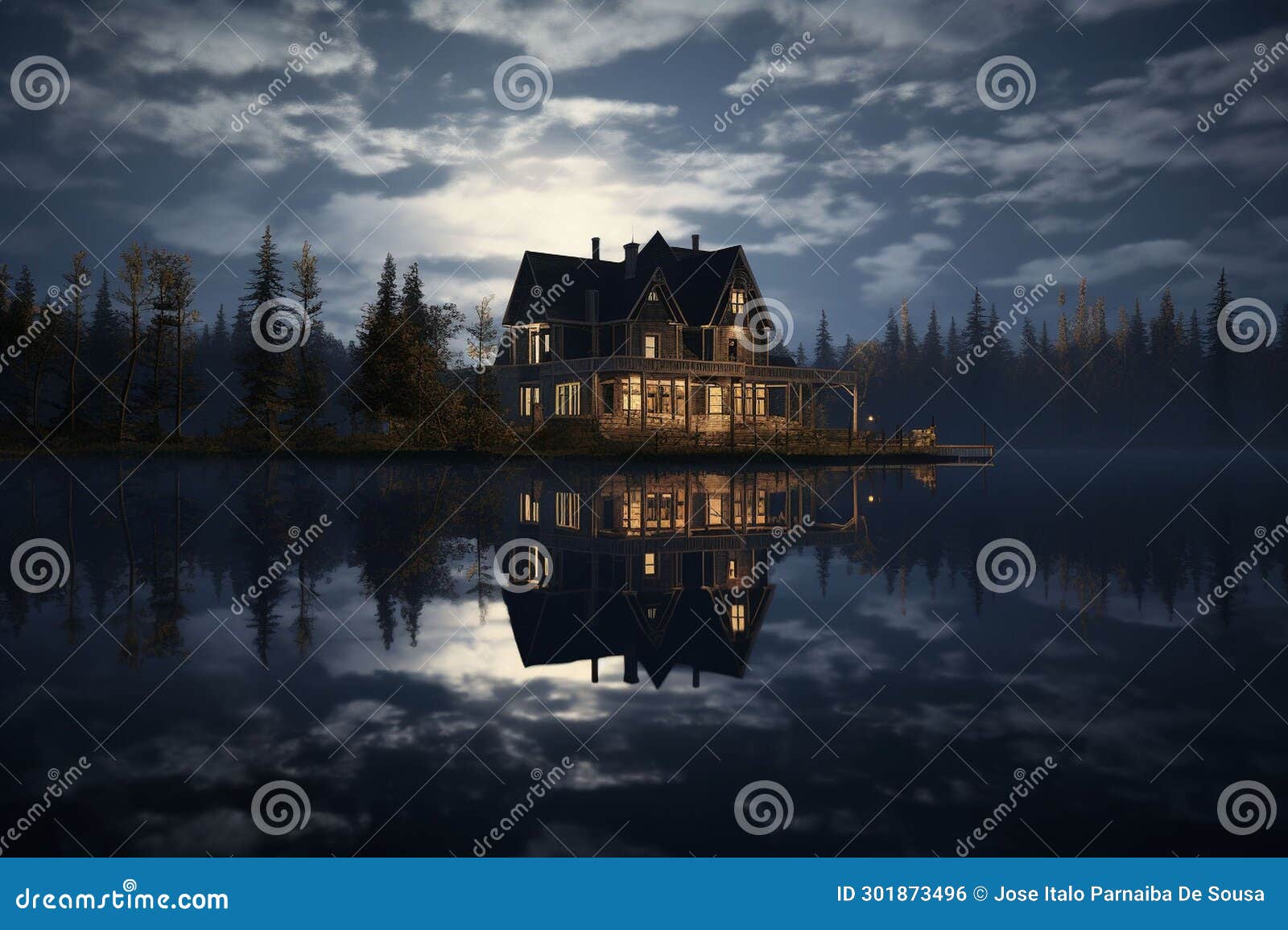 Haunted House Reflection in Lake Reflection of a Stock Illustration ...