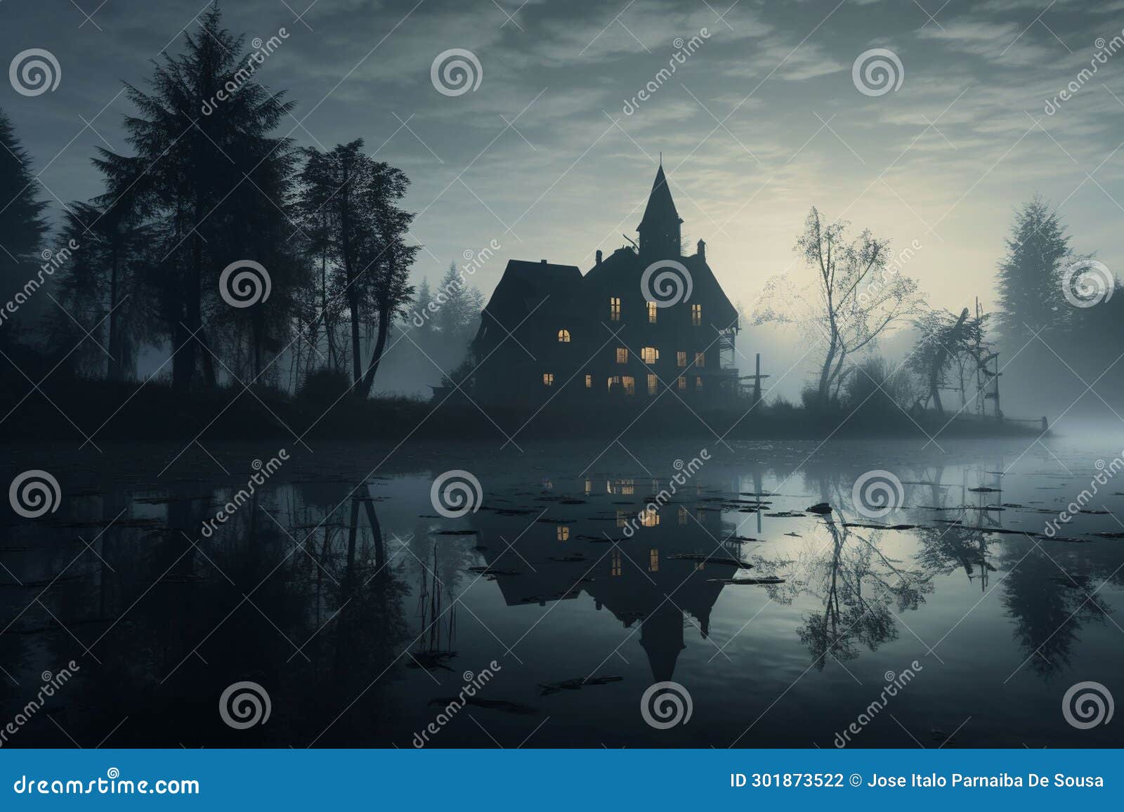 Haunted House Reflection in Lake Reflection of a Stock Illustration ...