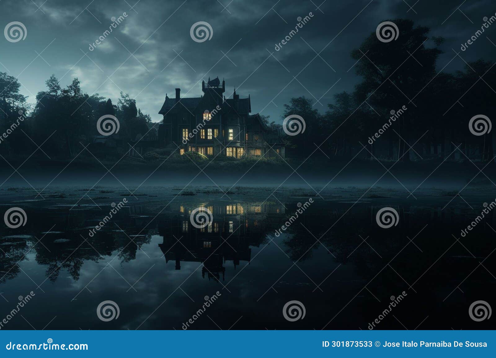 Haunted House Reflection in Lake Reflection of a Stock Illustration ...