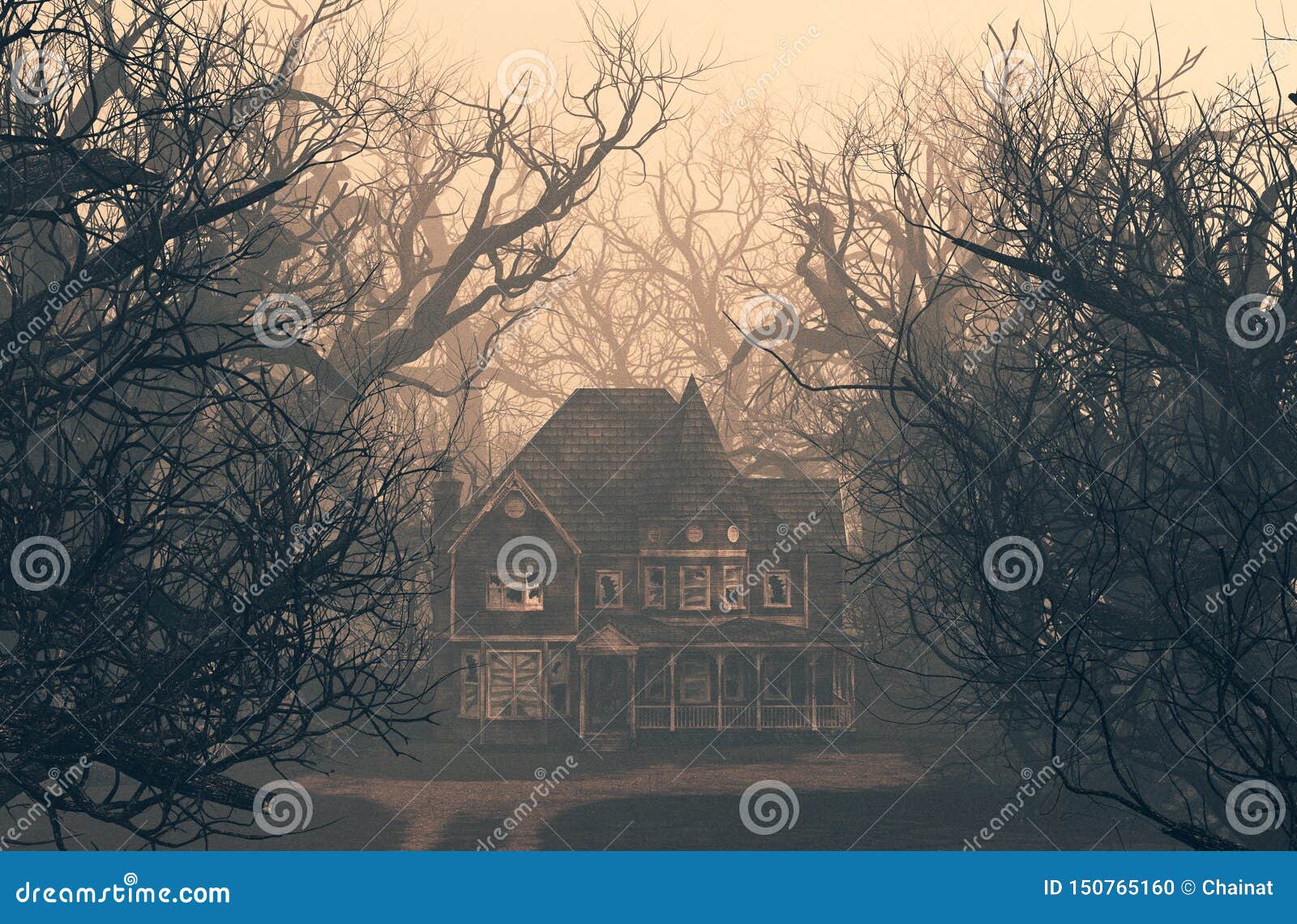 Haunted House Scene in Creepy Forest Stock Illustration - Illustration ...