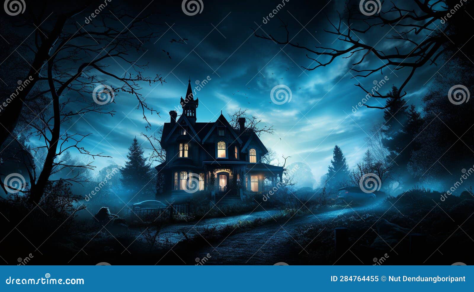 Haunted House Under the Full Moon, Generative AI Stock Image - Image of ...