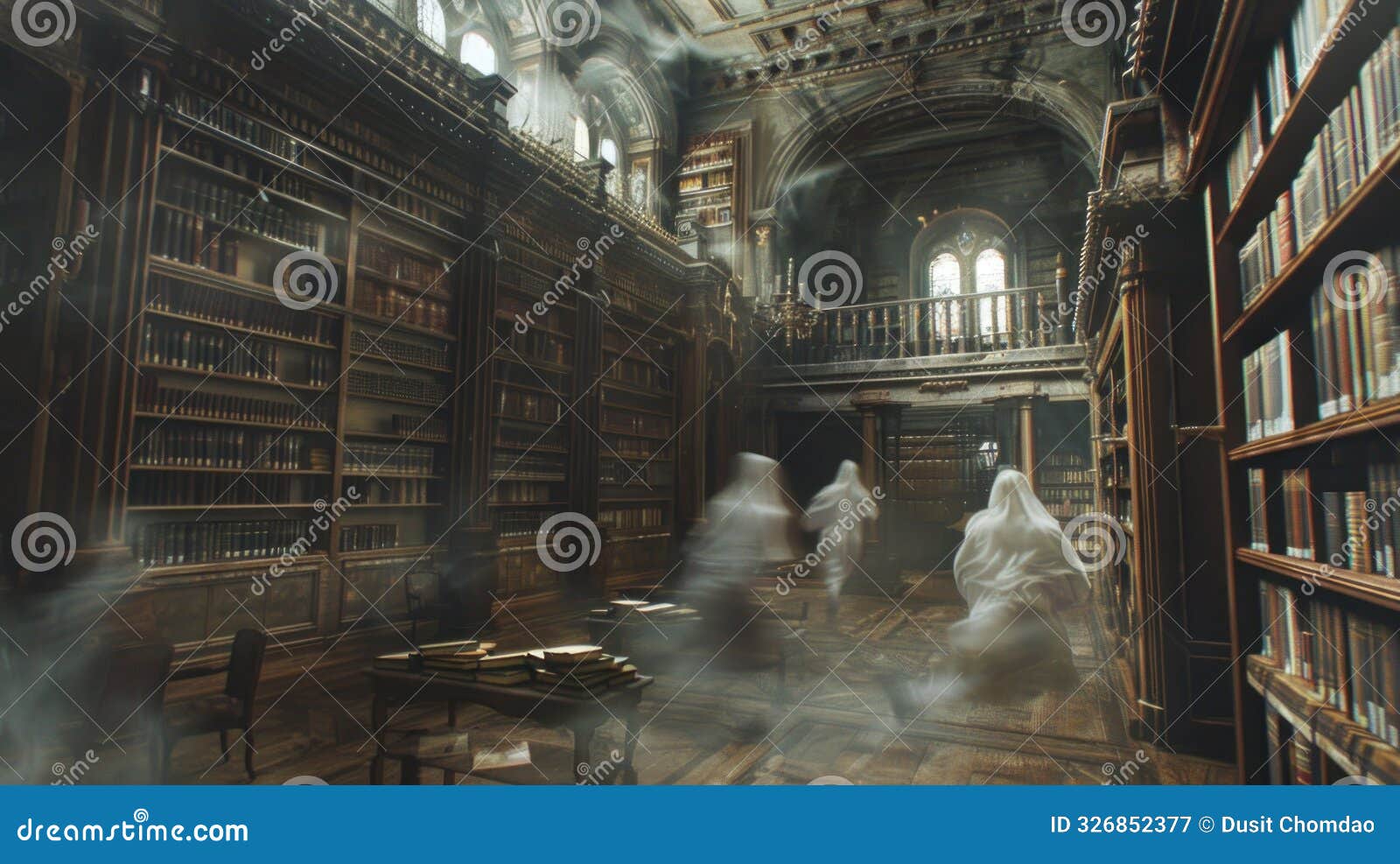 Haunted Library, Featuring A Spectral Librarian With Glowing Eyes ...