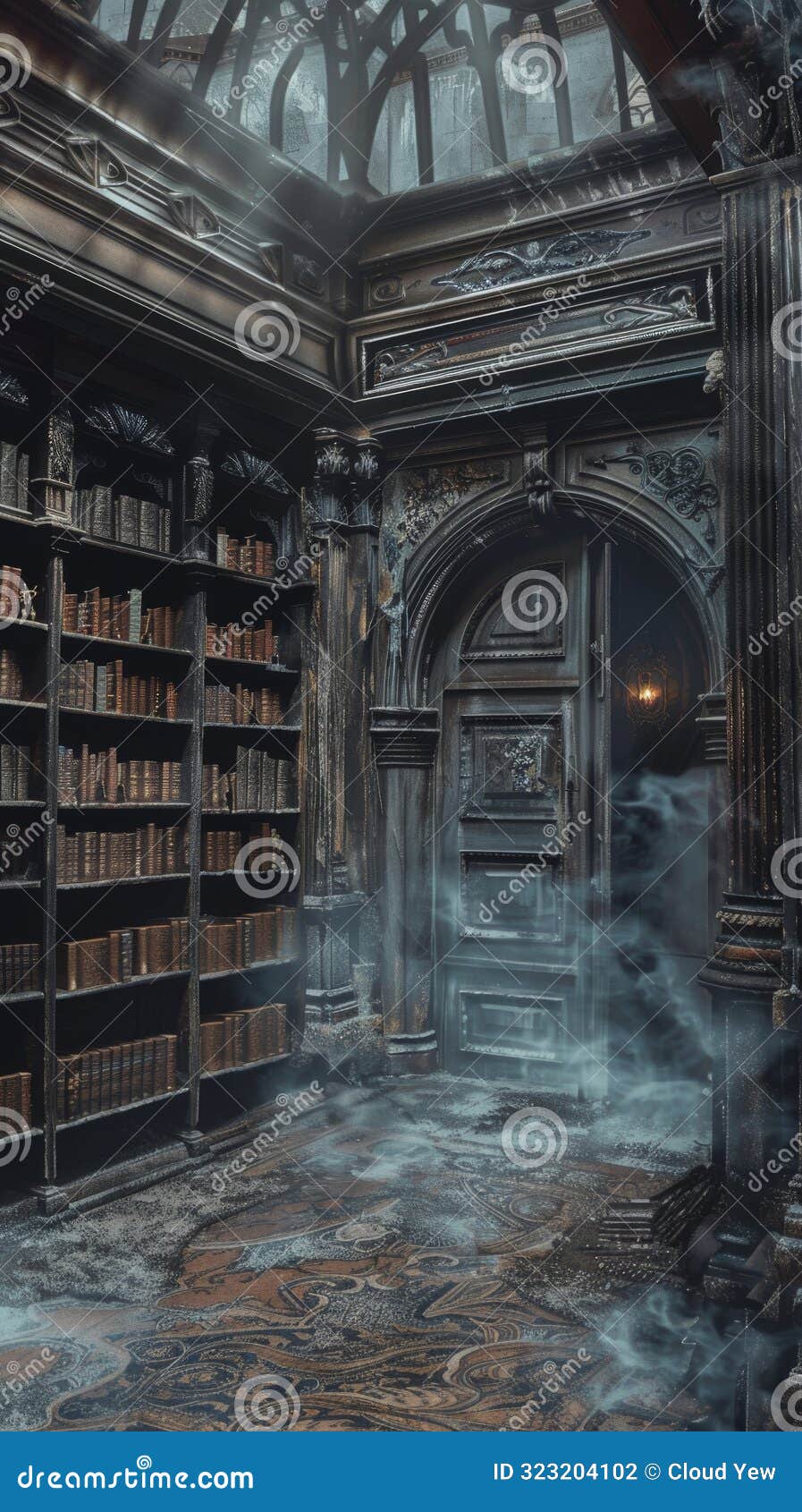 Haunted Library, Featuring A Spectral Librarian With Glowing Eyes ...