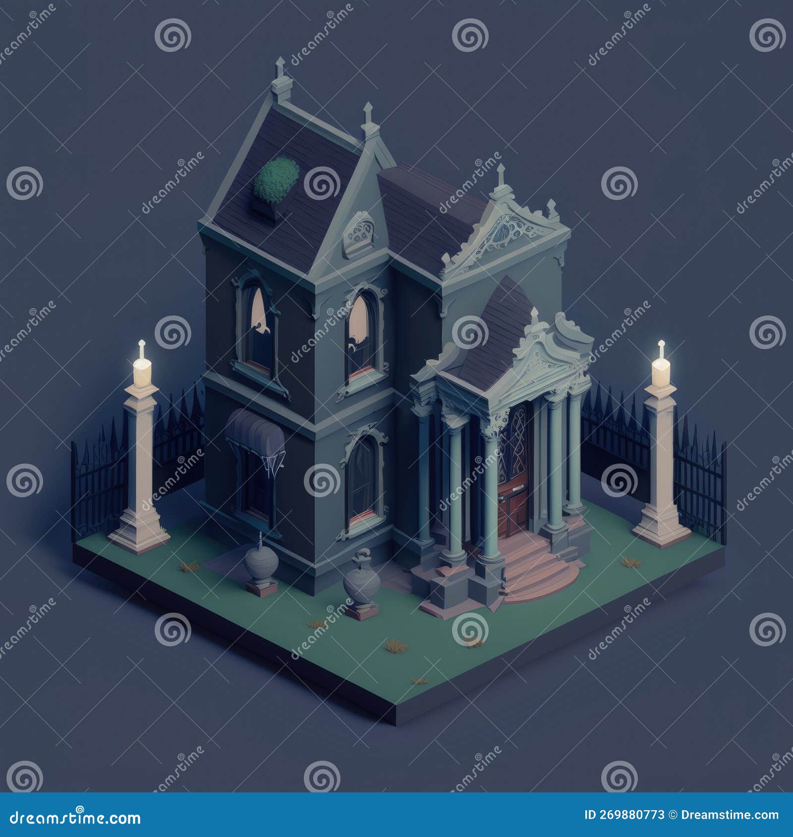 Haunted Mansion with Creaking Doors and Eerie Noises, Isometric Low ...