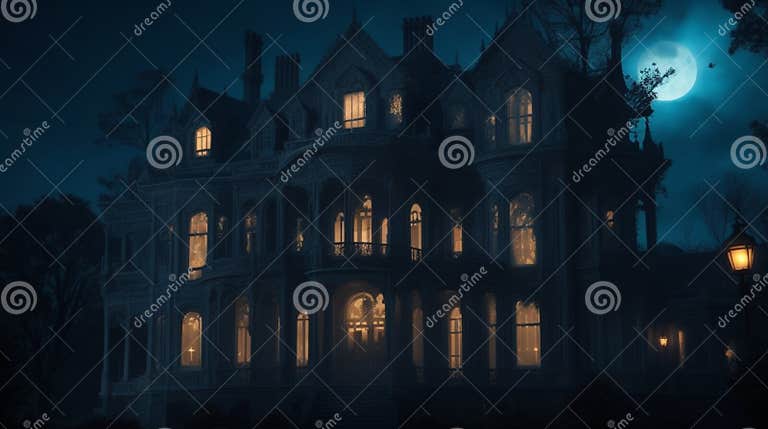 A Haunted Mansion with Flickering Lights in Every Window Stock ...