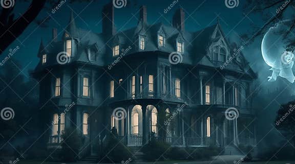 A Haunted Mansion with Ghostly Figures Visible in the Windows Stock ...
